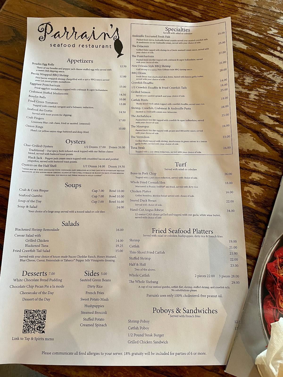 Menu at Parrain's Seafood Restaurant, Baton Rouge