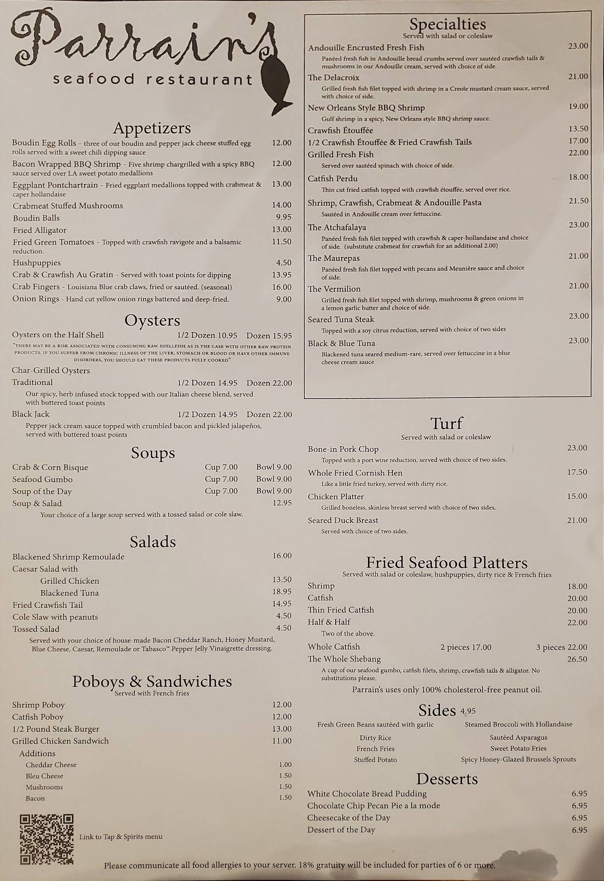 Menu at Parrain's Seafood Restaurant, Baton Rouge