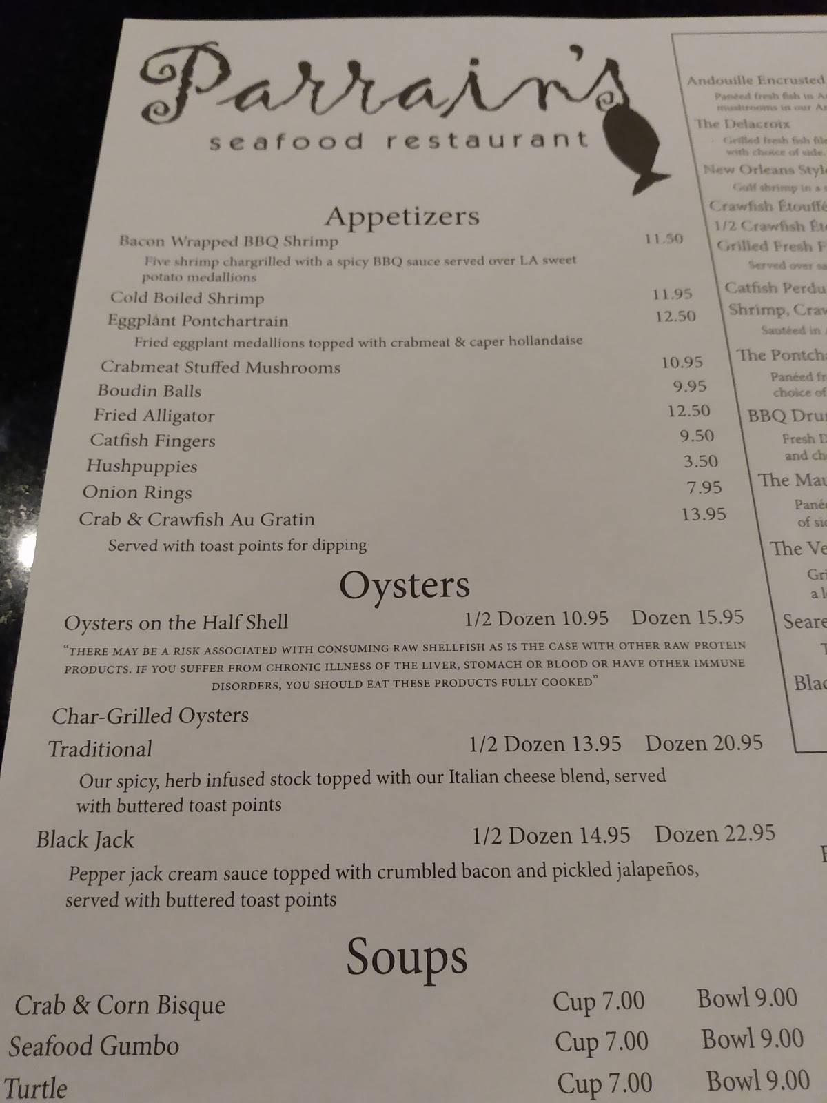 Menu at Parrain's Seafood Restaurant, Baton Rouge