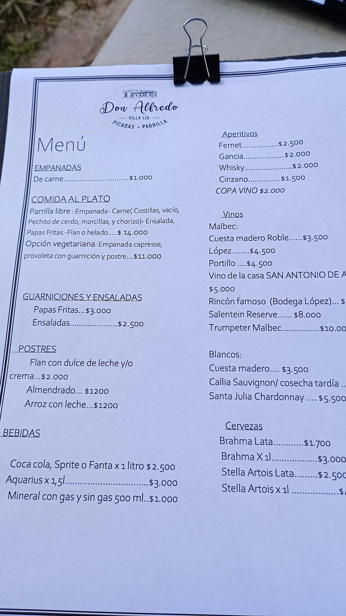 Carta de Parrilla Don Alfredo, Villa Lía