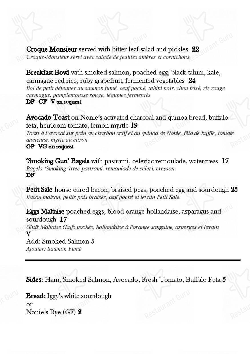 Menu at Cafe Parterre, Woollahra