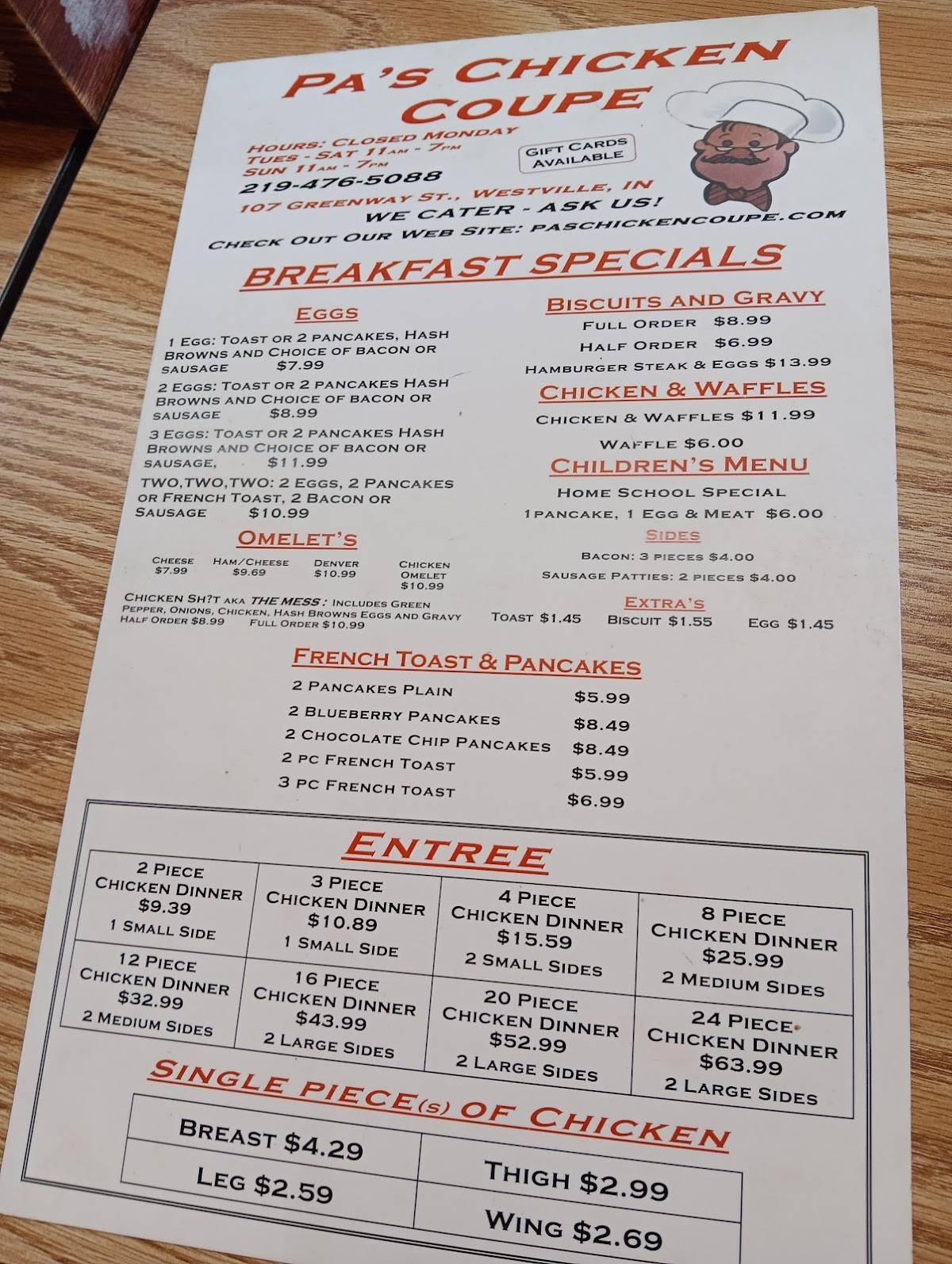 Menu at Pa’s Chicken Coupe cafe, Westville