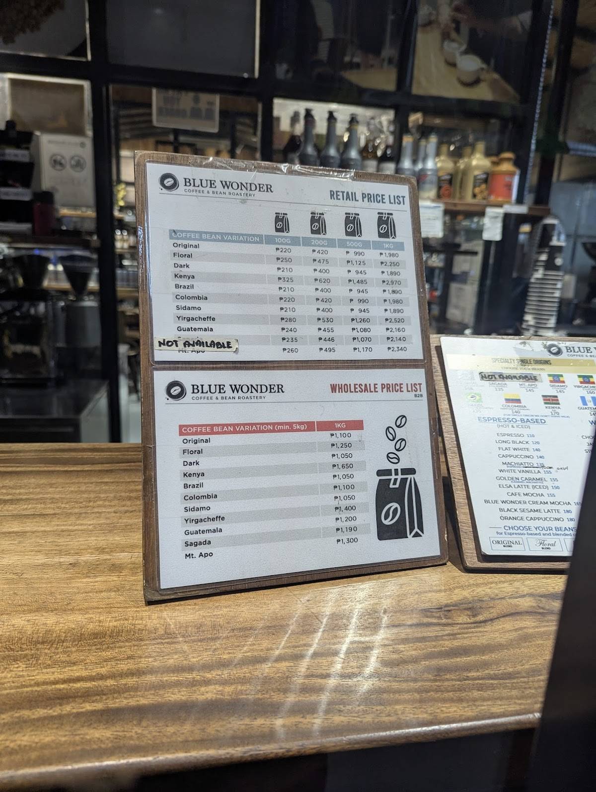 Menu at Blue Wonder Coffee & Bean Roastery cafe, Pasay