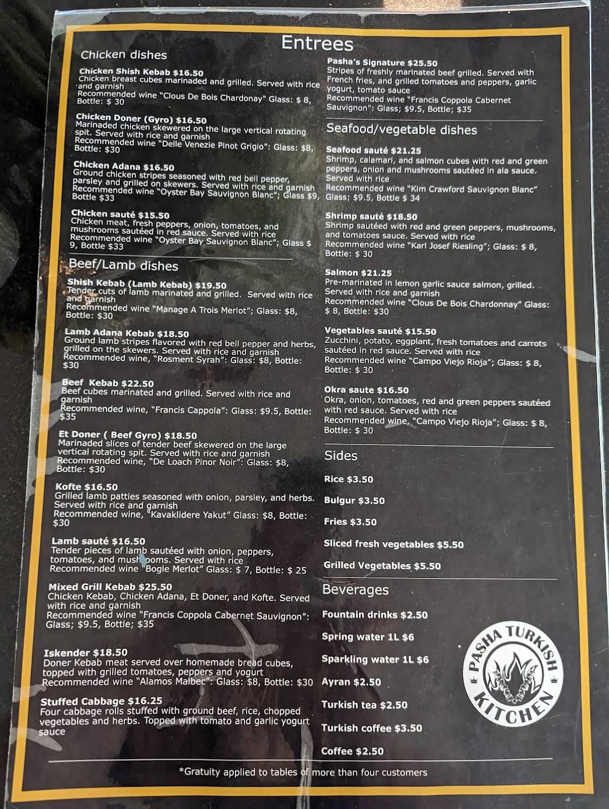 Menu at Pasha Turkish Kitchen restaurant, Willowick