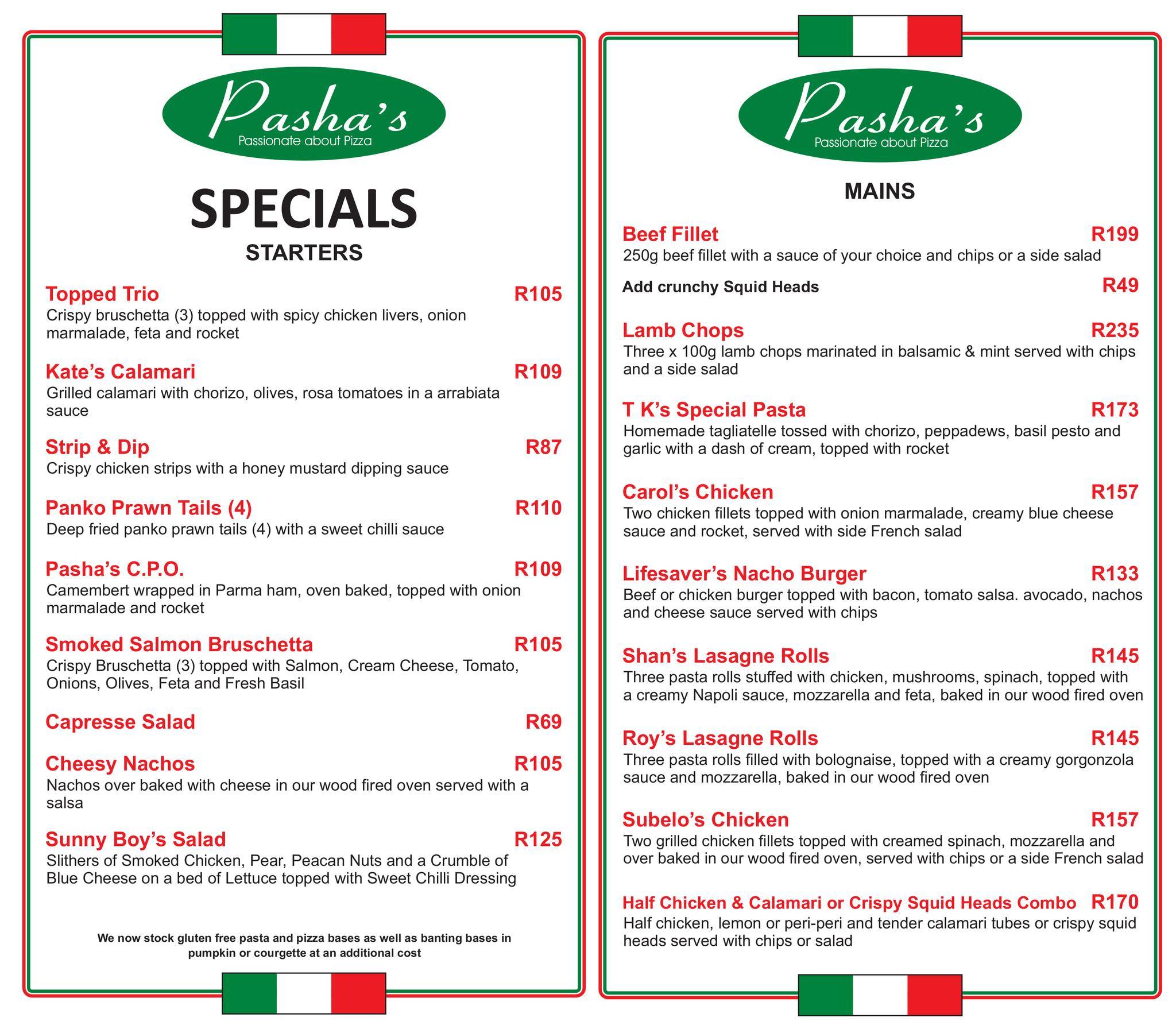 Menu at Pasha's restaurant, Durban