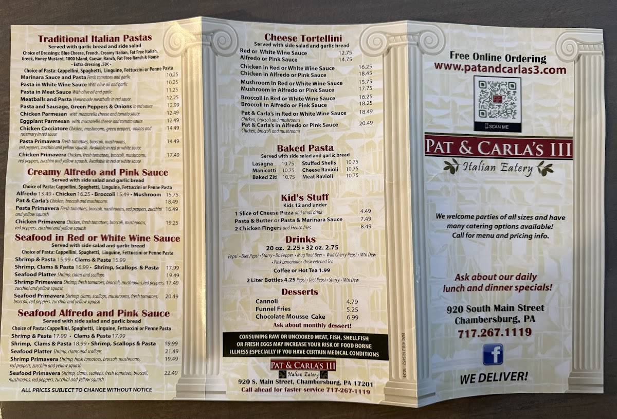 Menu at Pat & Carla's III restaurant, Chambersburg