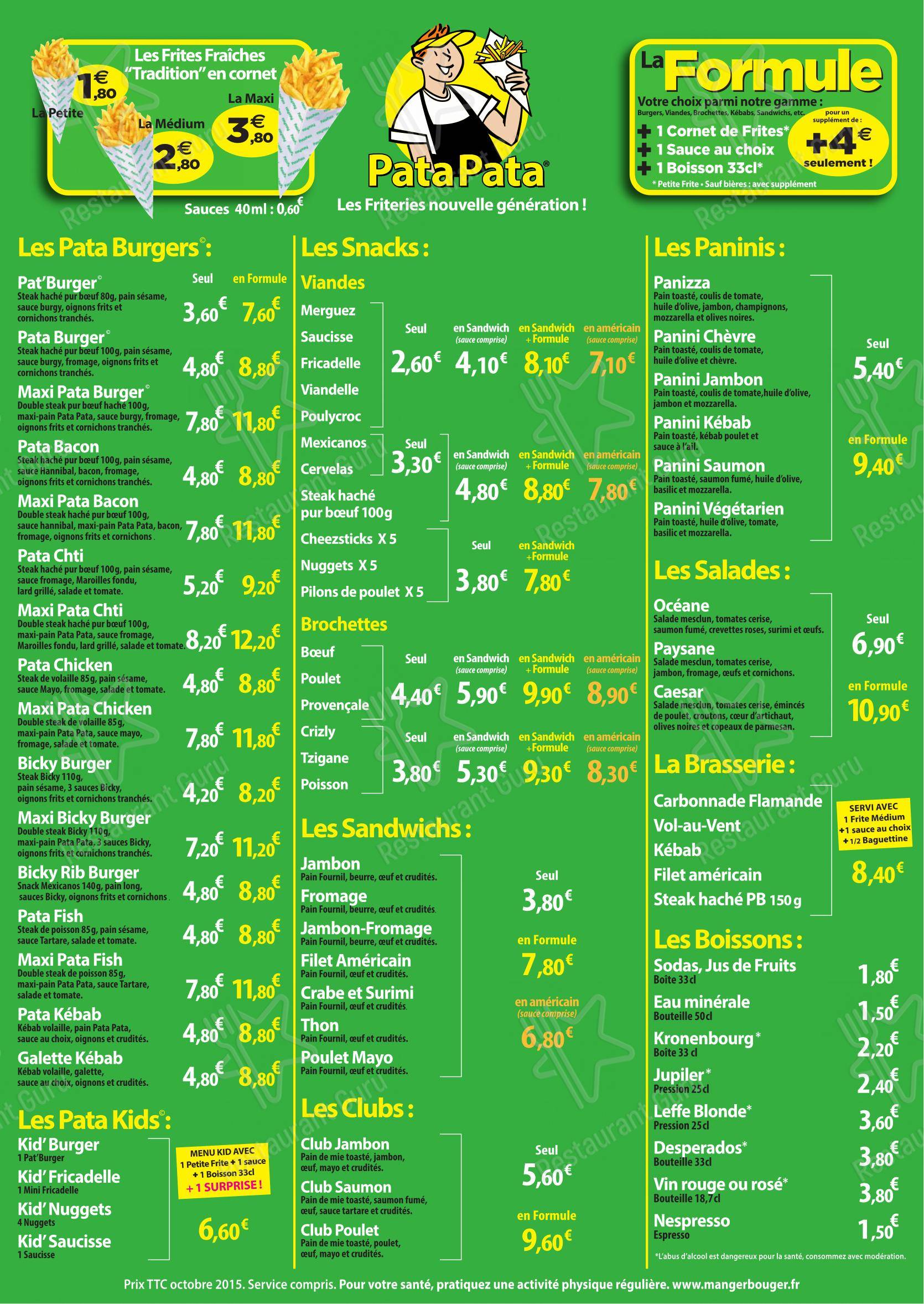 Menu au Pata Pata Friteries fast food, Villeneuve-d'Ascq