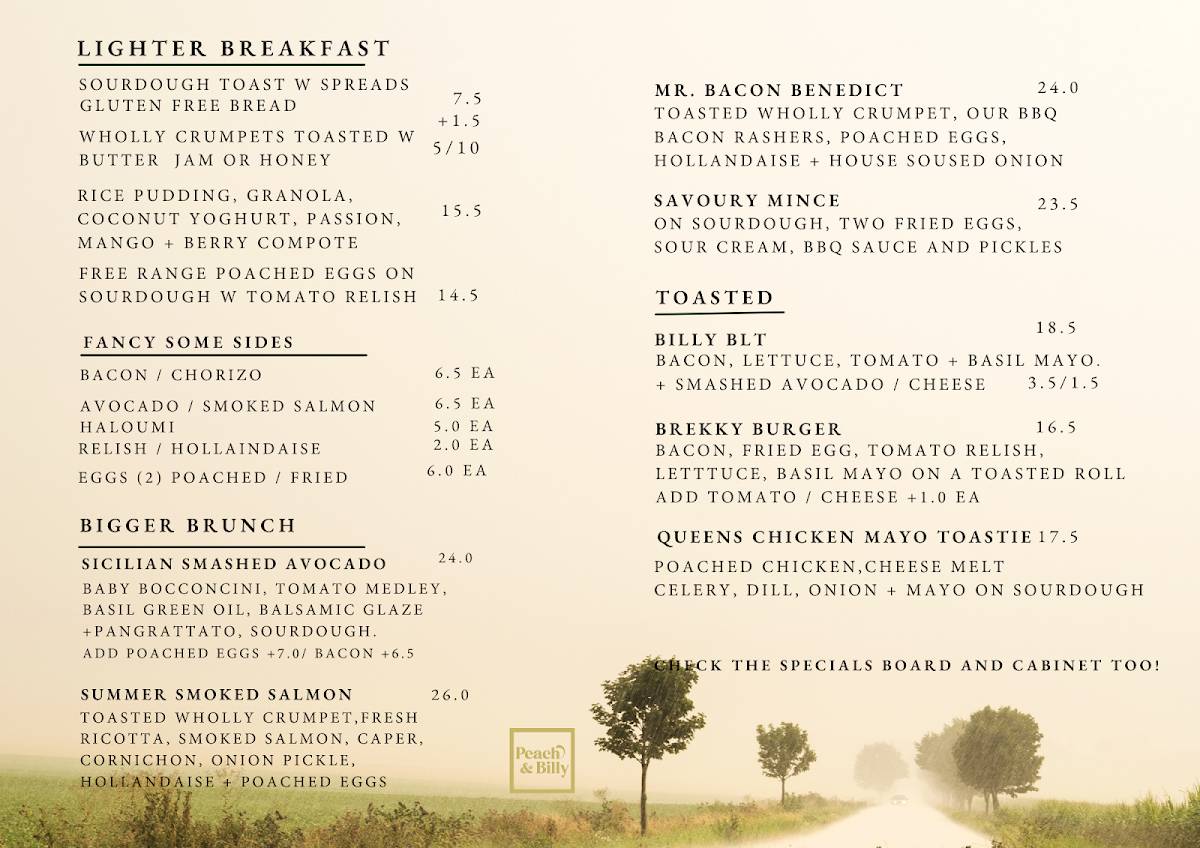 Menu at Peach & Billy cafe, Chapel Hill