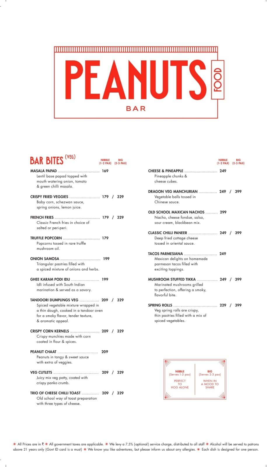 Menu at Peanuts Bar, Hyderabad