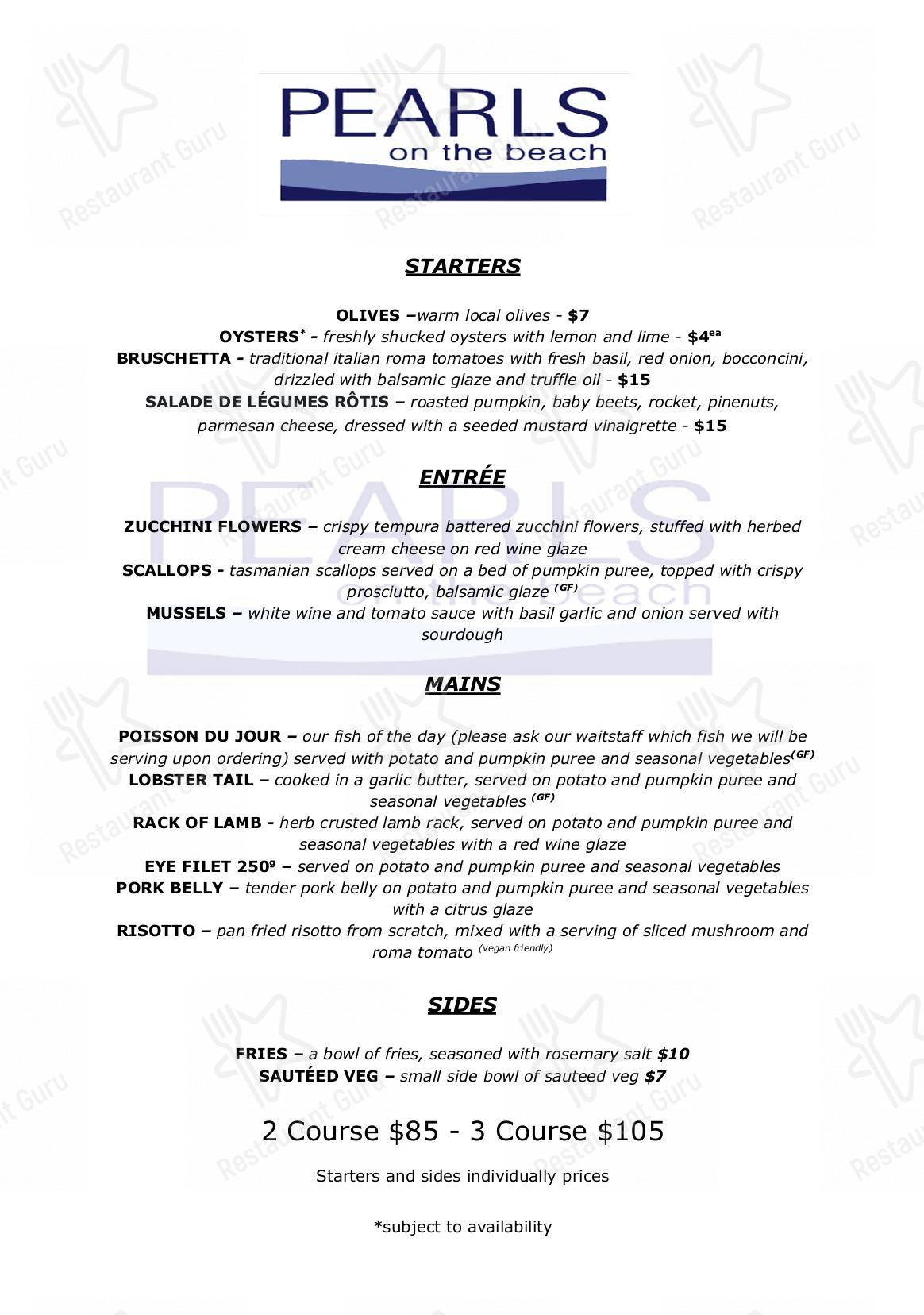 Menu at Pearls On The Beach restaurant, Pearl Beach