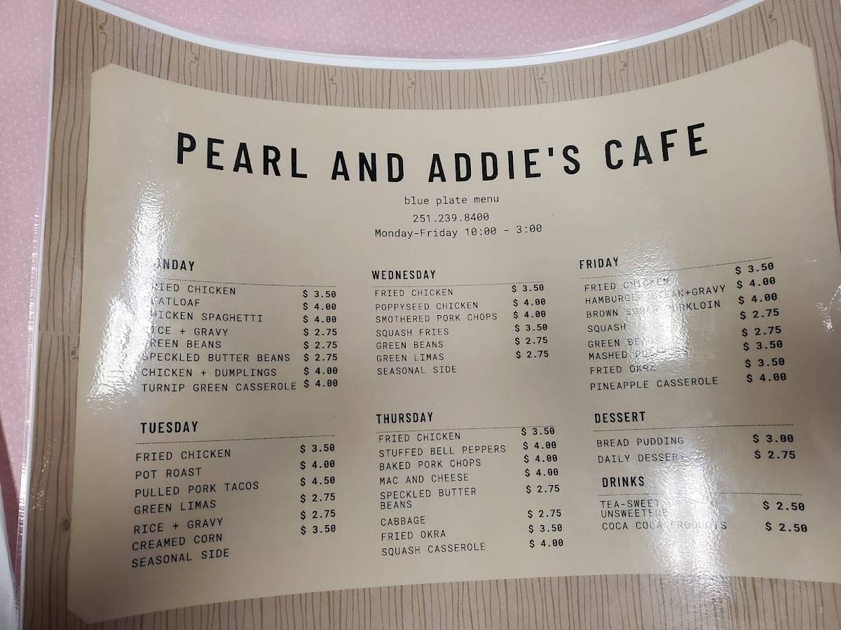 Menu at Pearl & Addie's Cafe, Bay Minette
