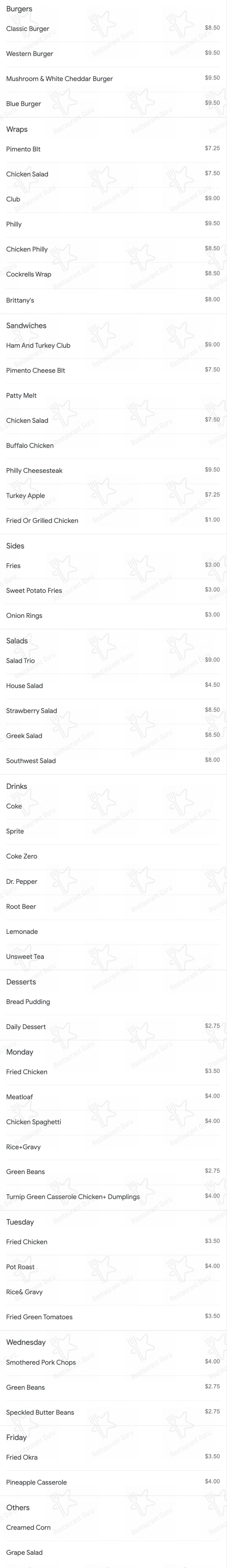 Menu at Pearl & Addie's Cafe, Bay Minette