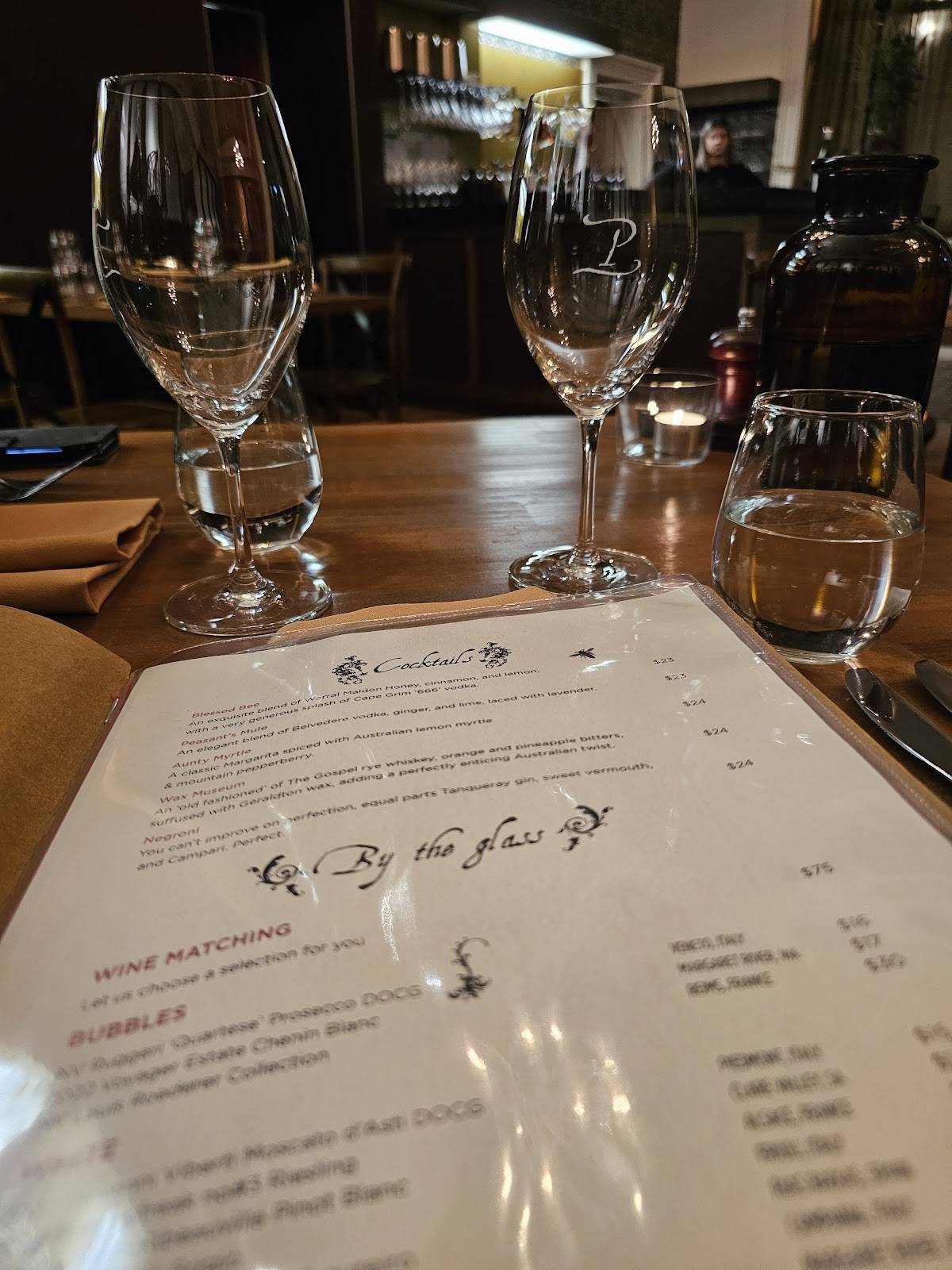 Menu at Peasant restaurant, Ballarat Central