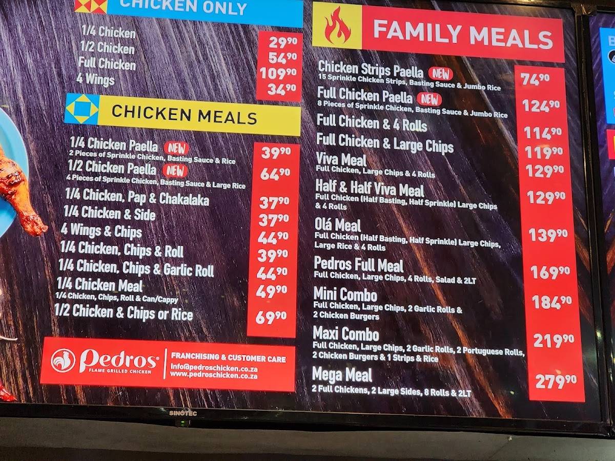 Menu at Pedros Lenasia restaurant, Lenasia