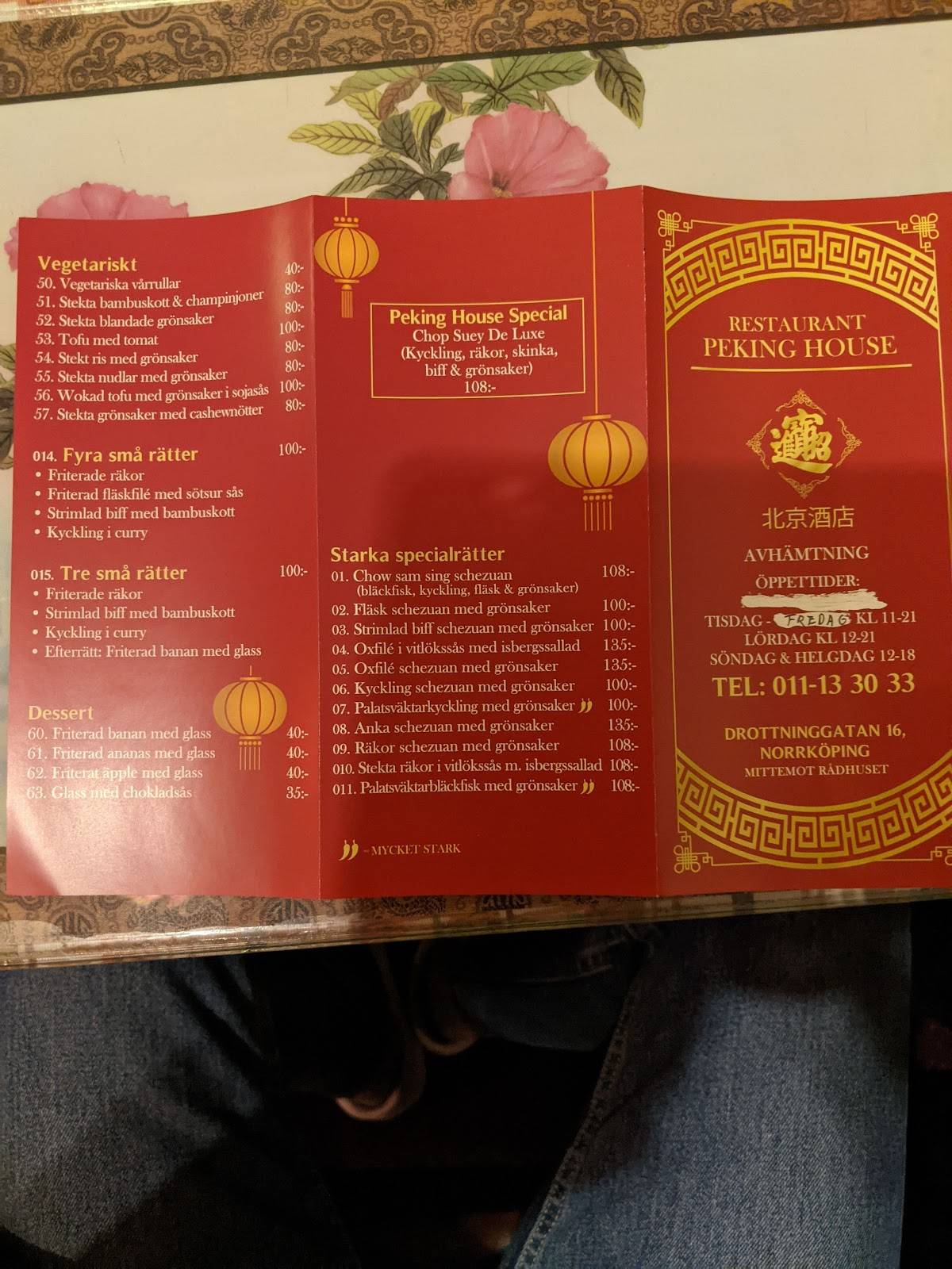 Menu at Peking House restaurant, Norrköping