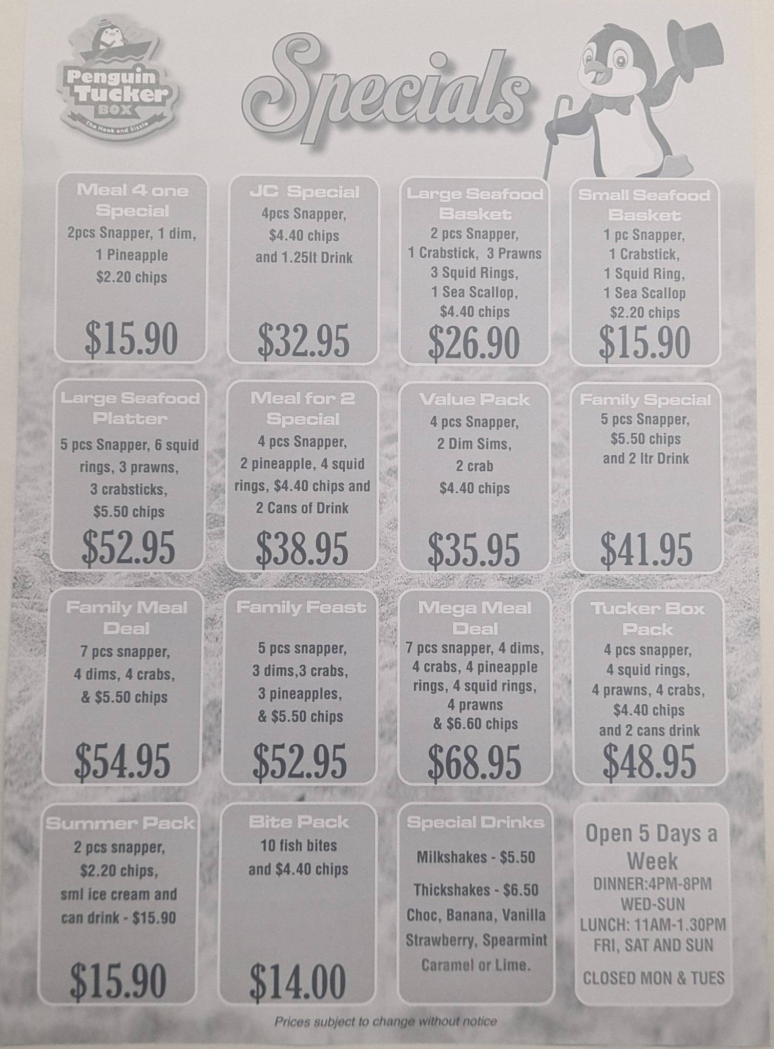 Menu at Penguin Tucker Box fast food, Shoalwater, 117 Safety Bay Rd