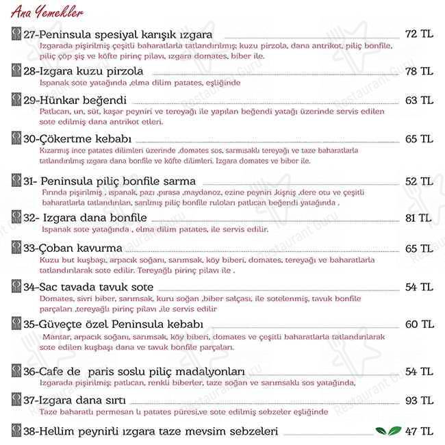 Menu at Peninsula, Istanbul