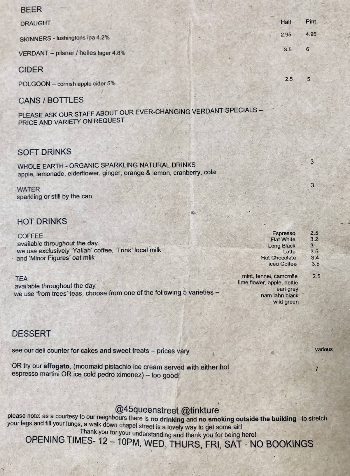 Menu at 45 Queen Street restaurant, Penzance