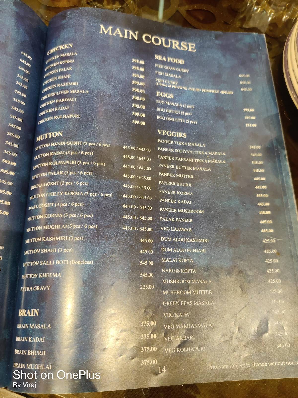 Menu at Persian Darbar, Mumbai, B Wing