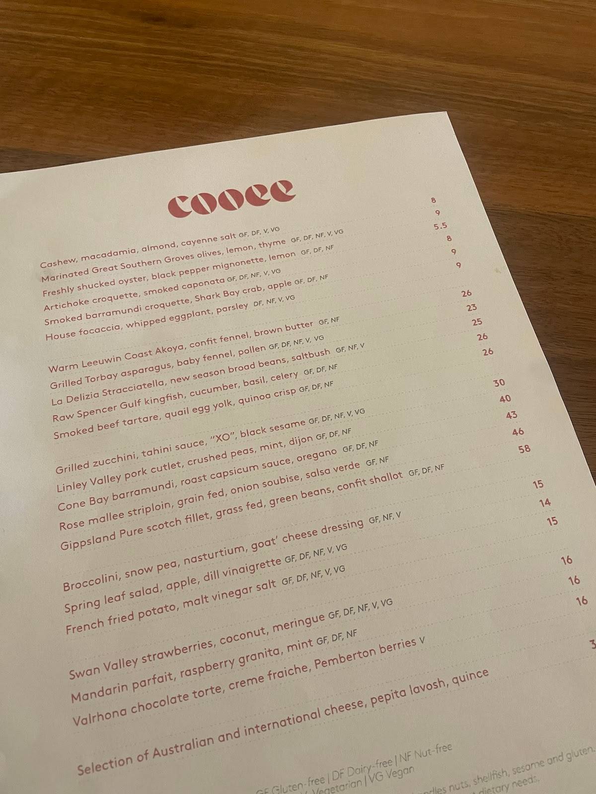 Menu at Cooee restaurant, Perth