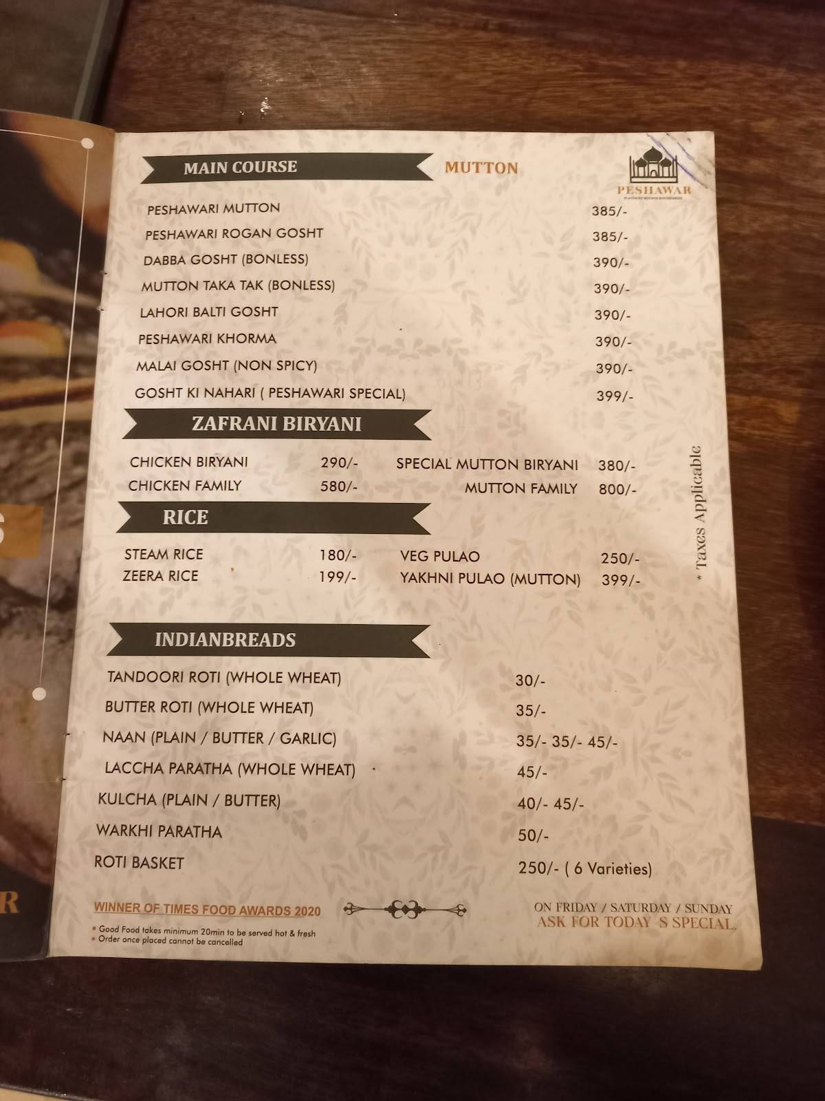 Menu at Peshawar Restaurant, Hyderabad, 6-2-30/E