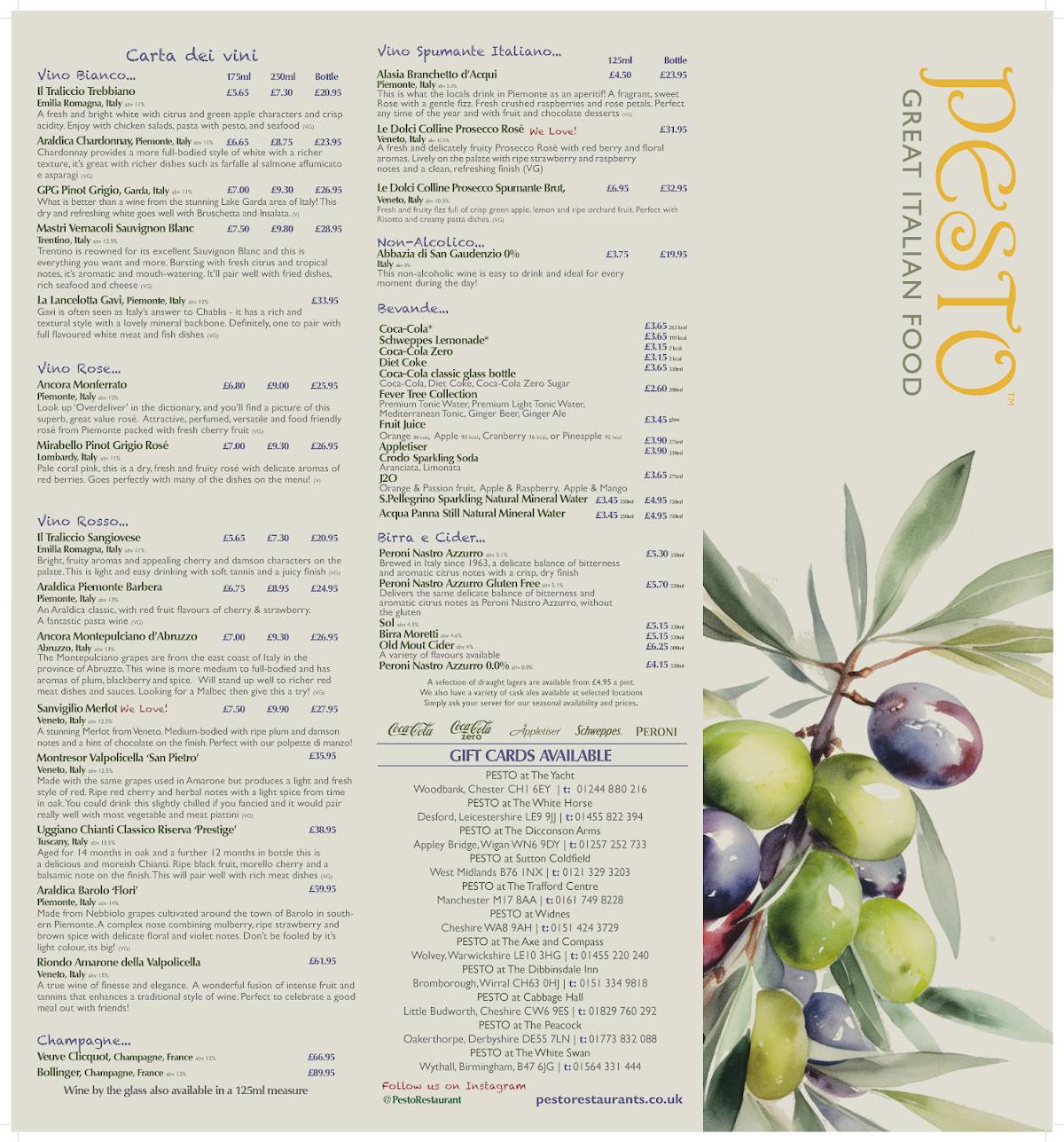 Menu at Pesto at the Yacht restaurant, Chester, Parkgate Rd