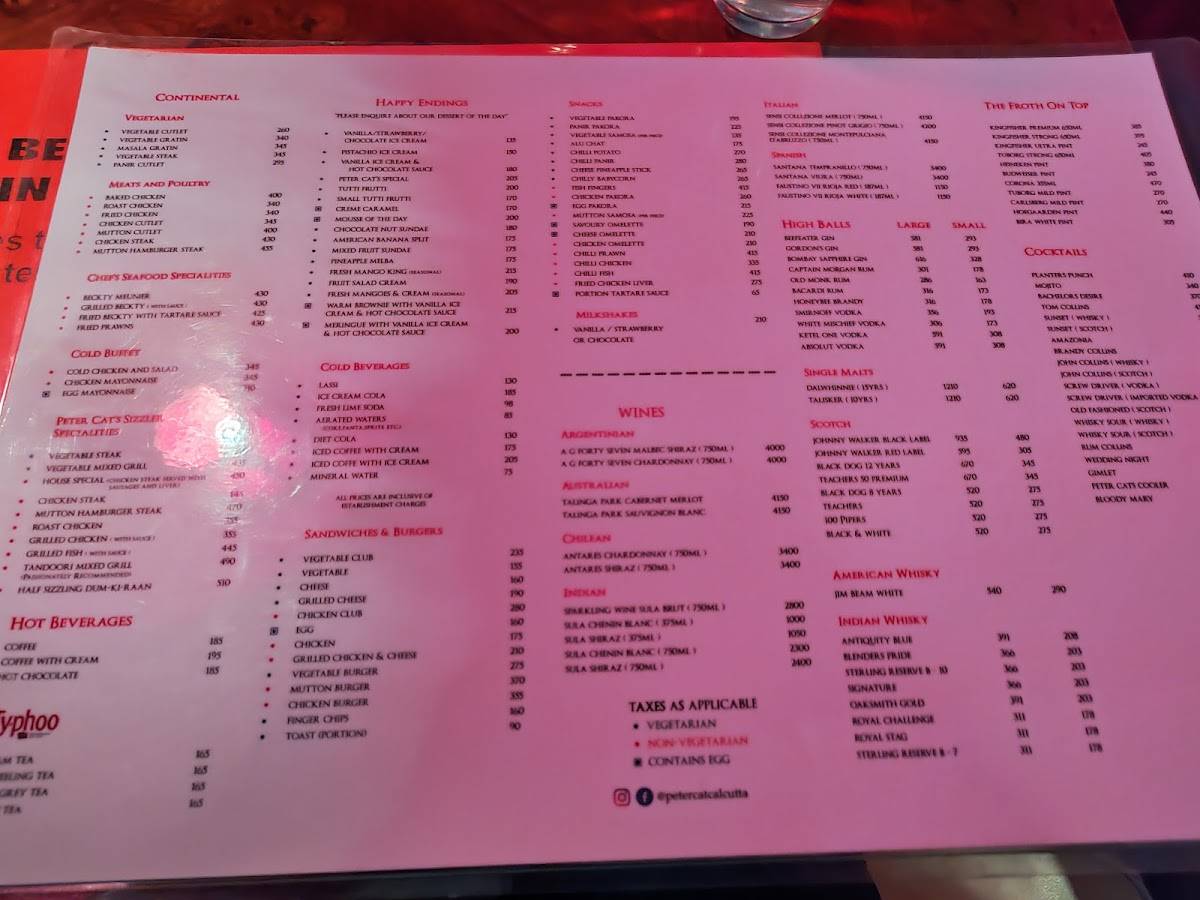 Menu at Peter Cat, Kolkata