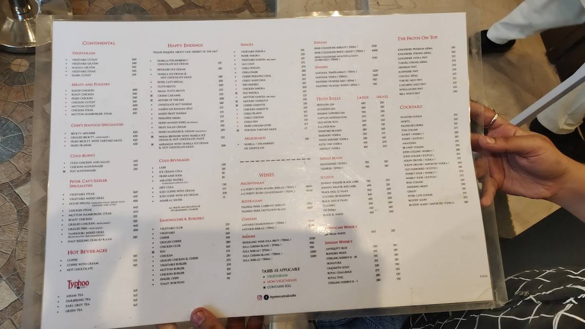 Menu at Peter Cat, Kolkata