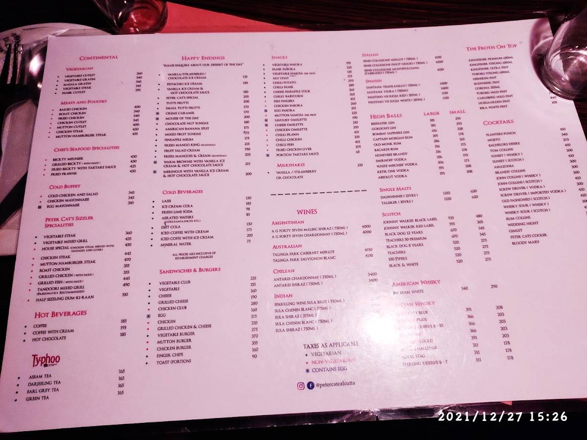 Menu at Peter Cat, Kolkata