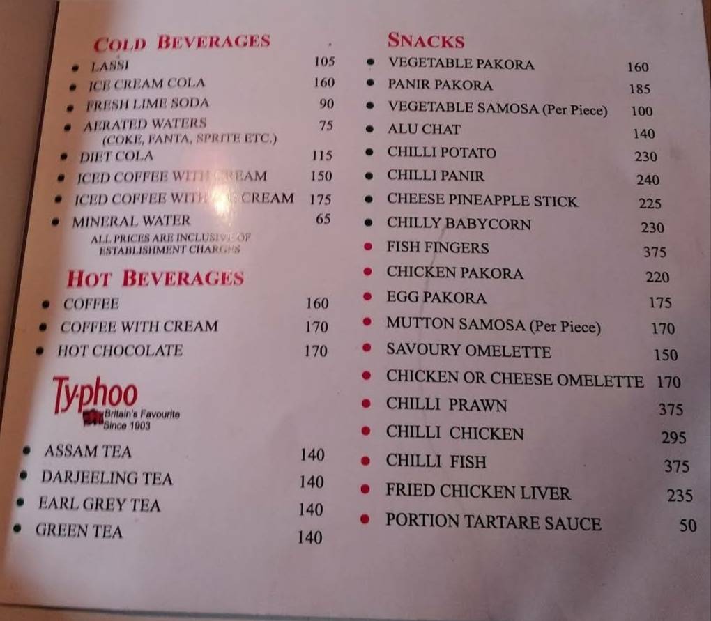 Menu at Peter Cat, Kolkata