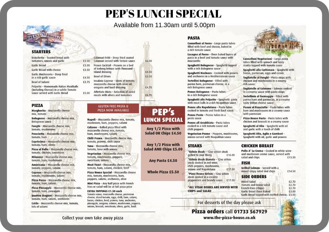 Menu at Pizza House pizzeria, Peterborough