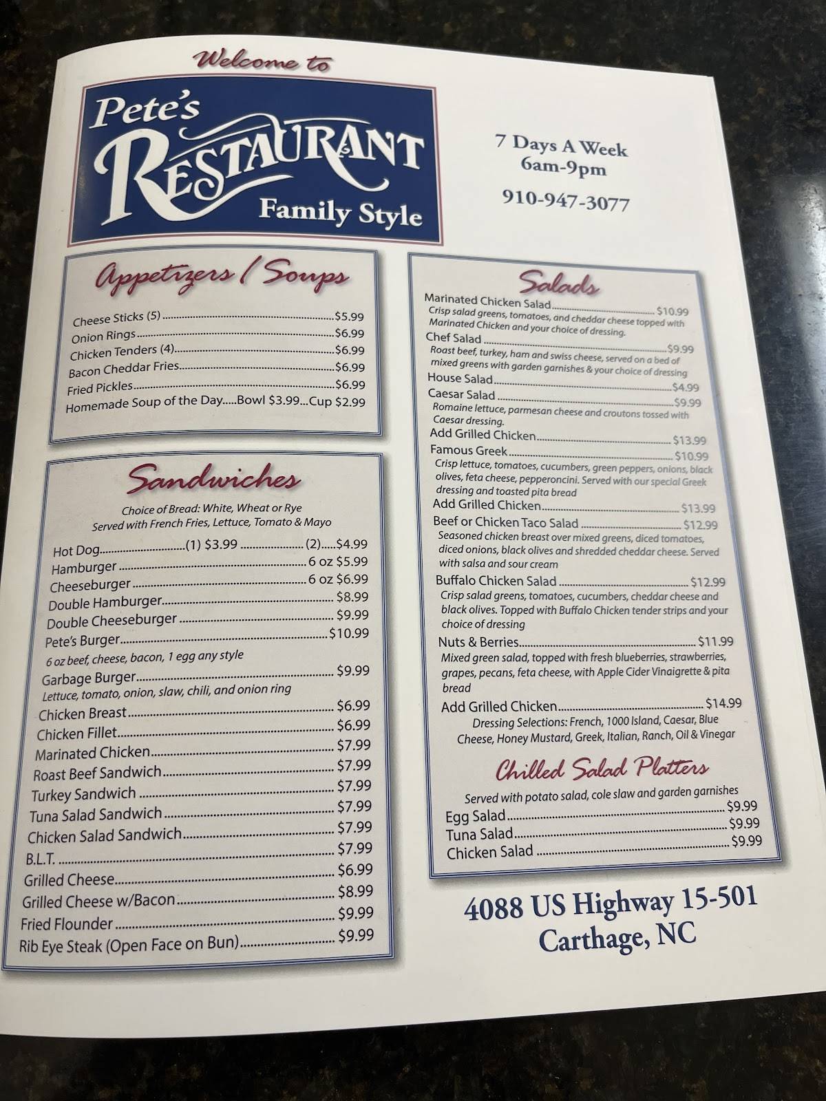 Menu at Pete's Family Restaurant, Carthage