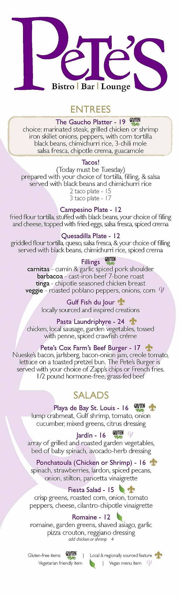 Menu at Pete's pub & bar, New Orleans, 444 St Charles Ave