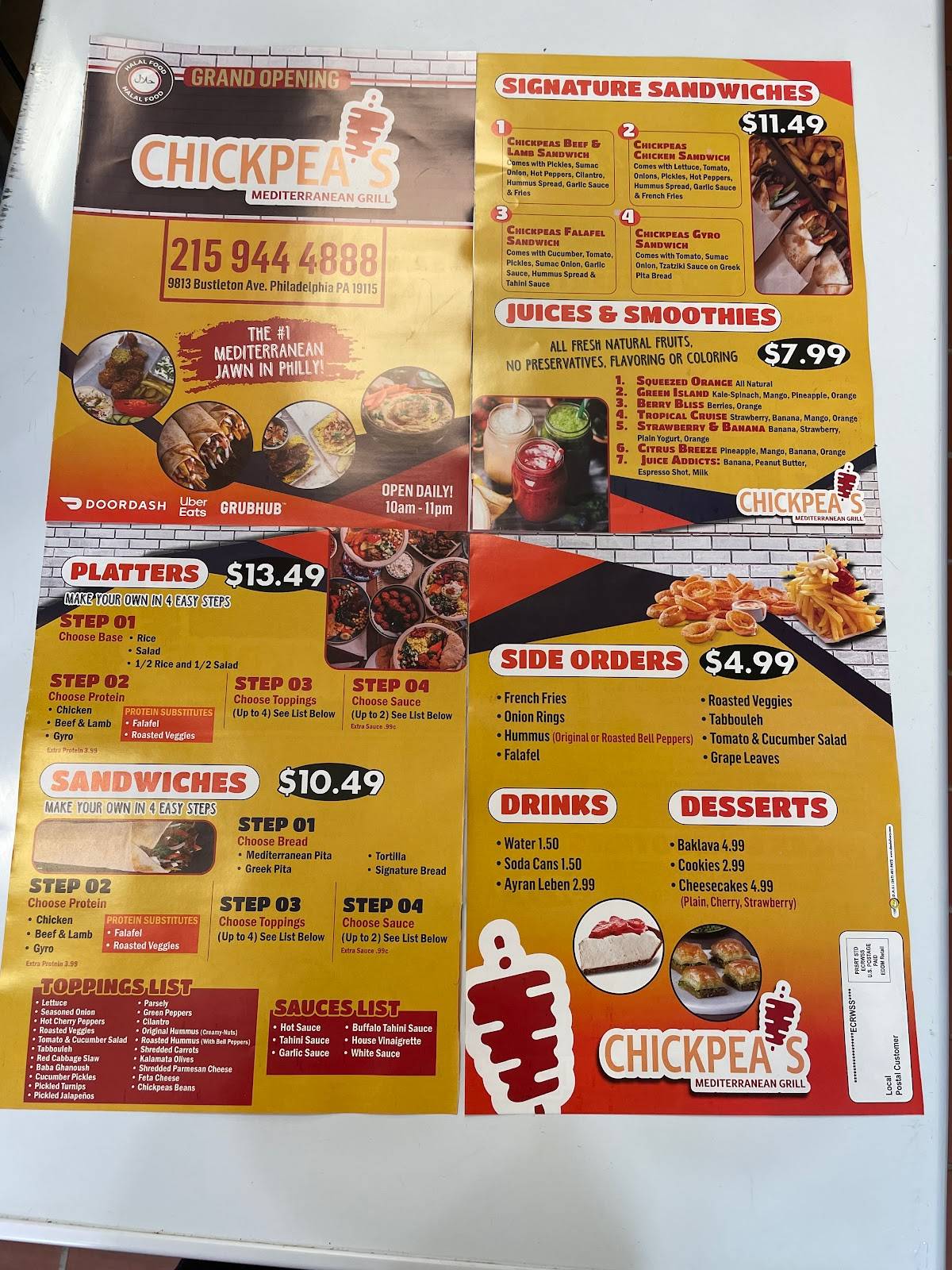 Menu at Chickpeas Mediterranean Grill, Philadelphia