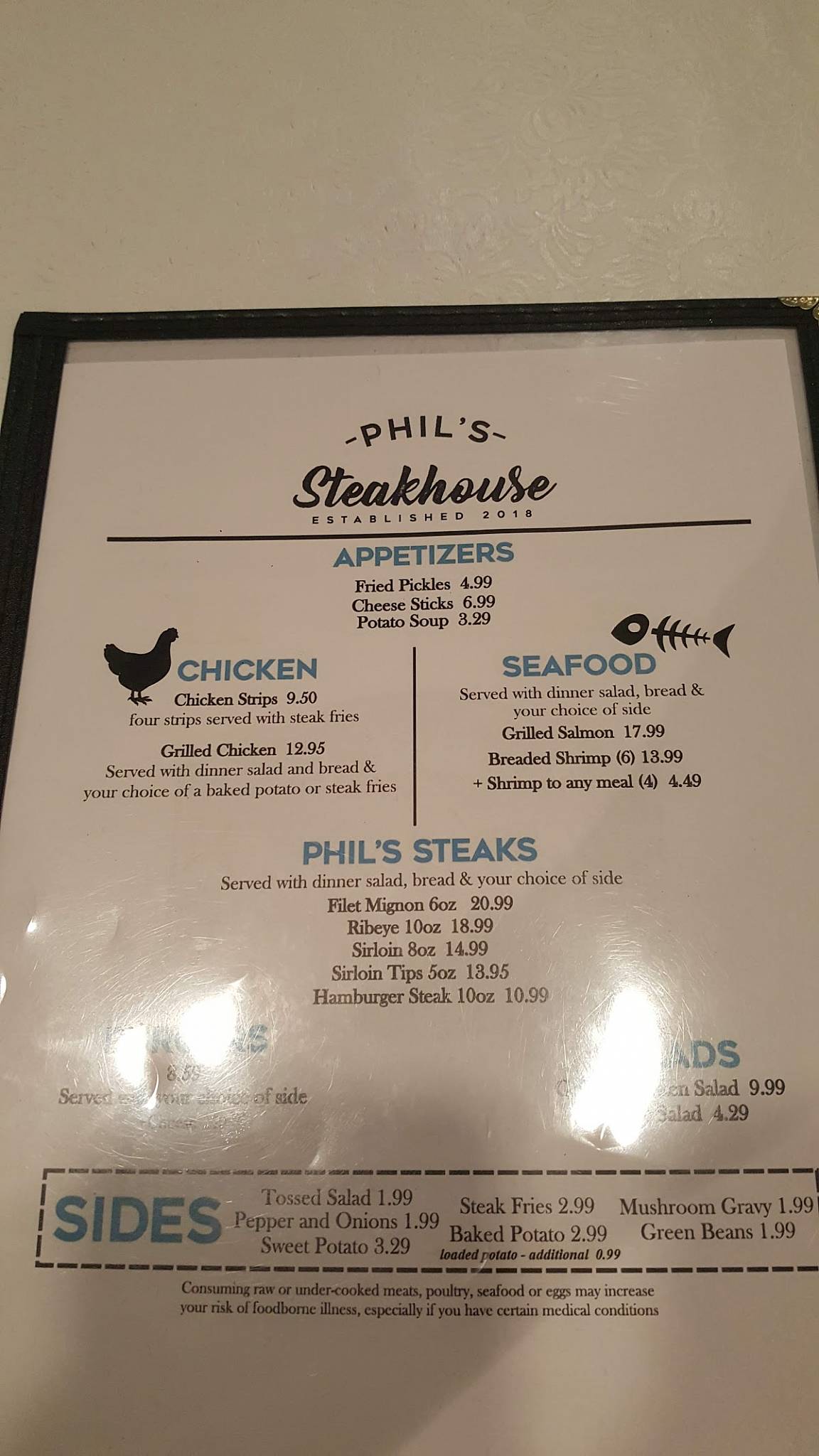 Menu at Phil's Steakhouse, Pacolet