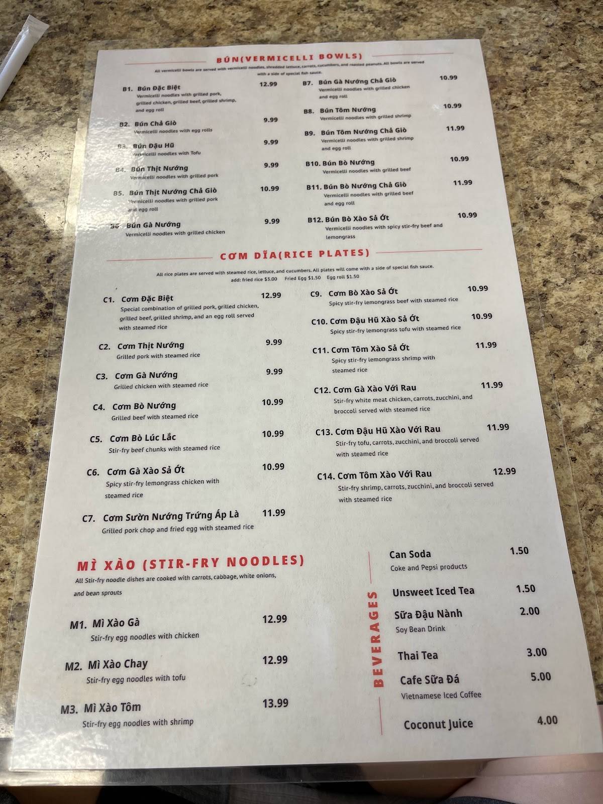 Menu at Pho 71 restaurant, Broken Arrow