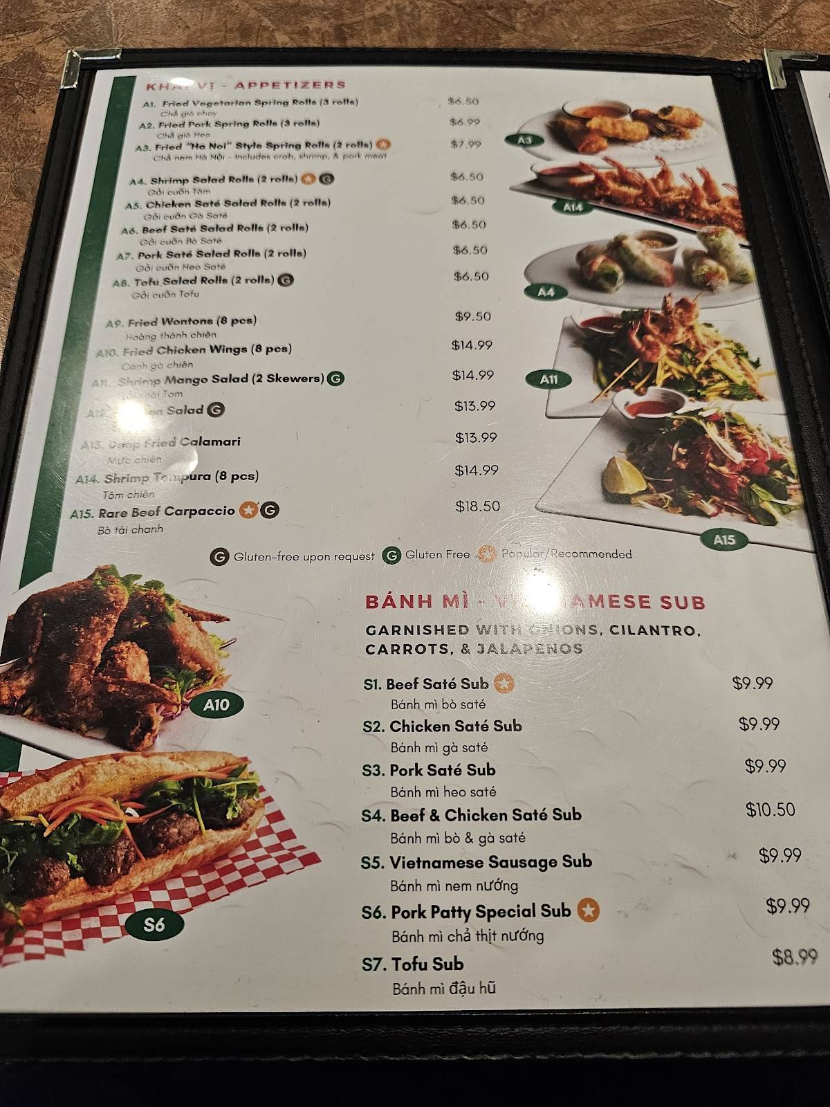 Menu at Pho Huydat Vietnamese Noodle House restaurant, Calgary