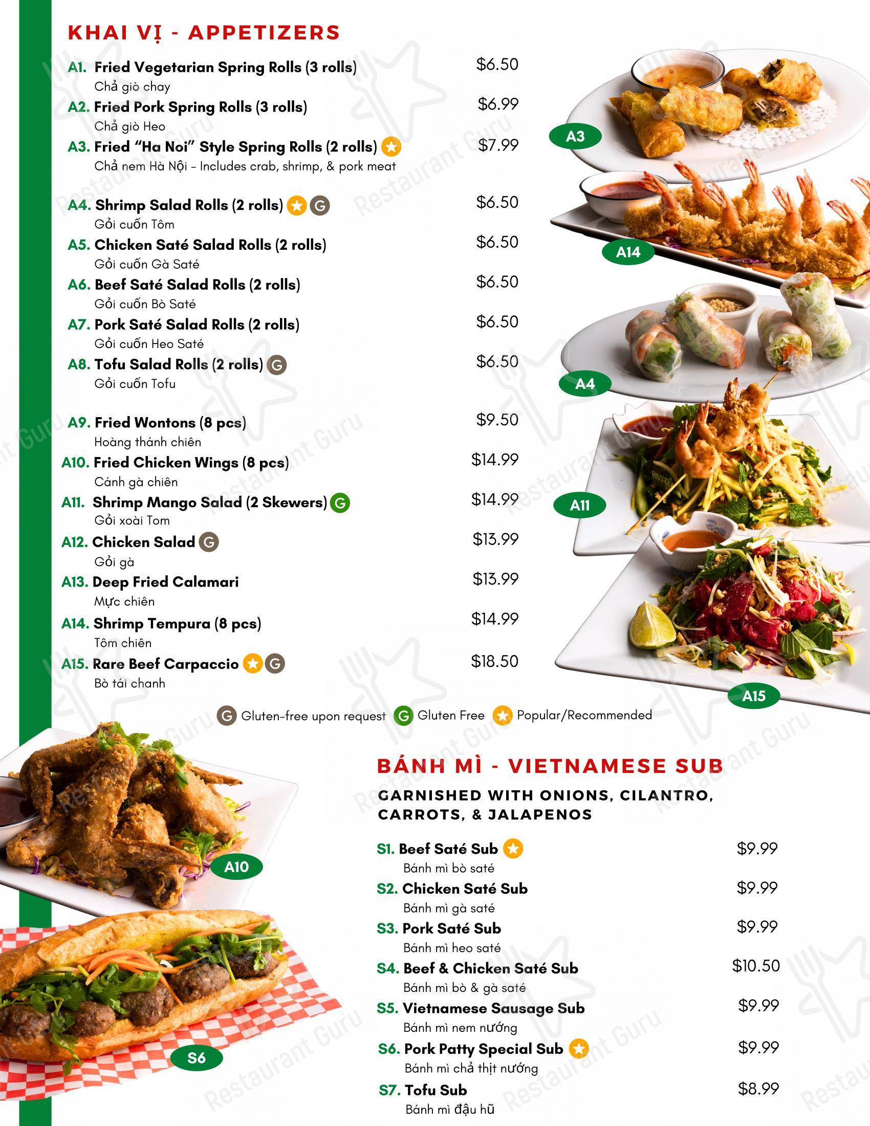 Menu at Pho Huydat Vietnamese Noodle House restaurant, Calgary
