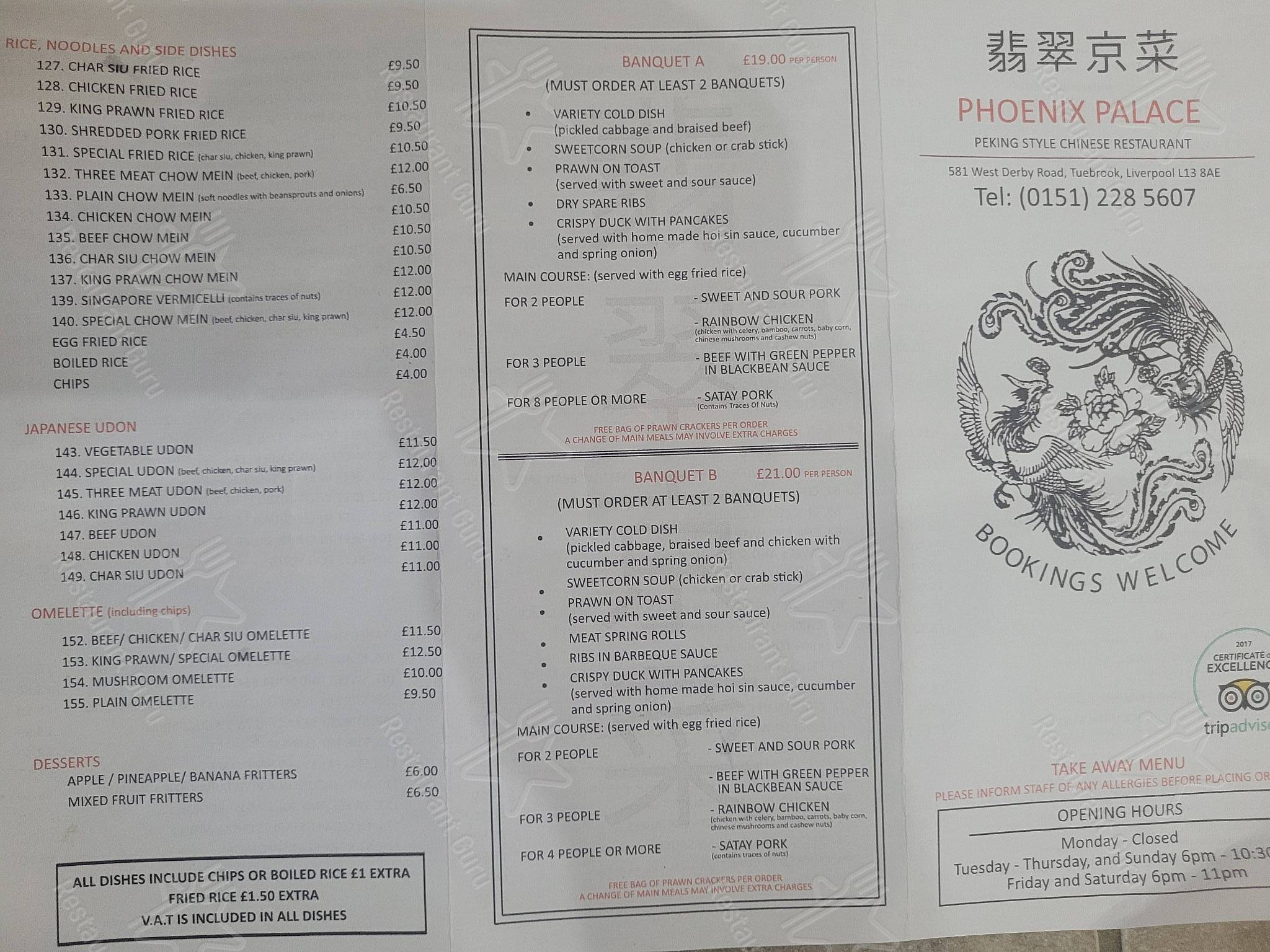 Menu at Phoenix Palace Restaurant, Liverpool