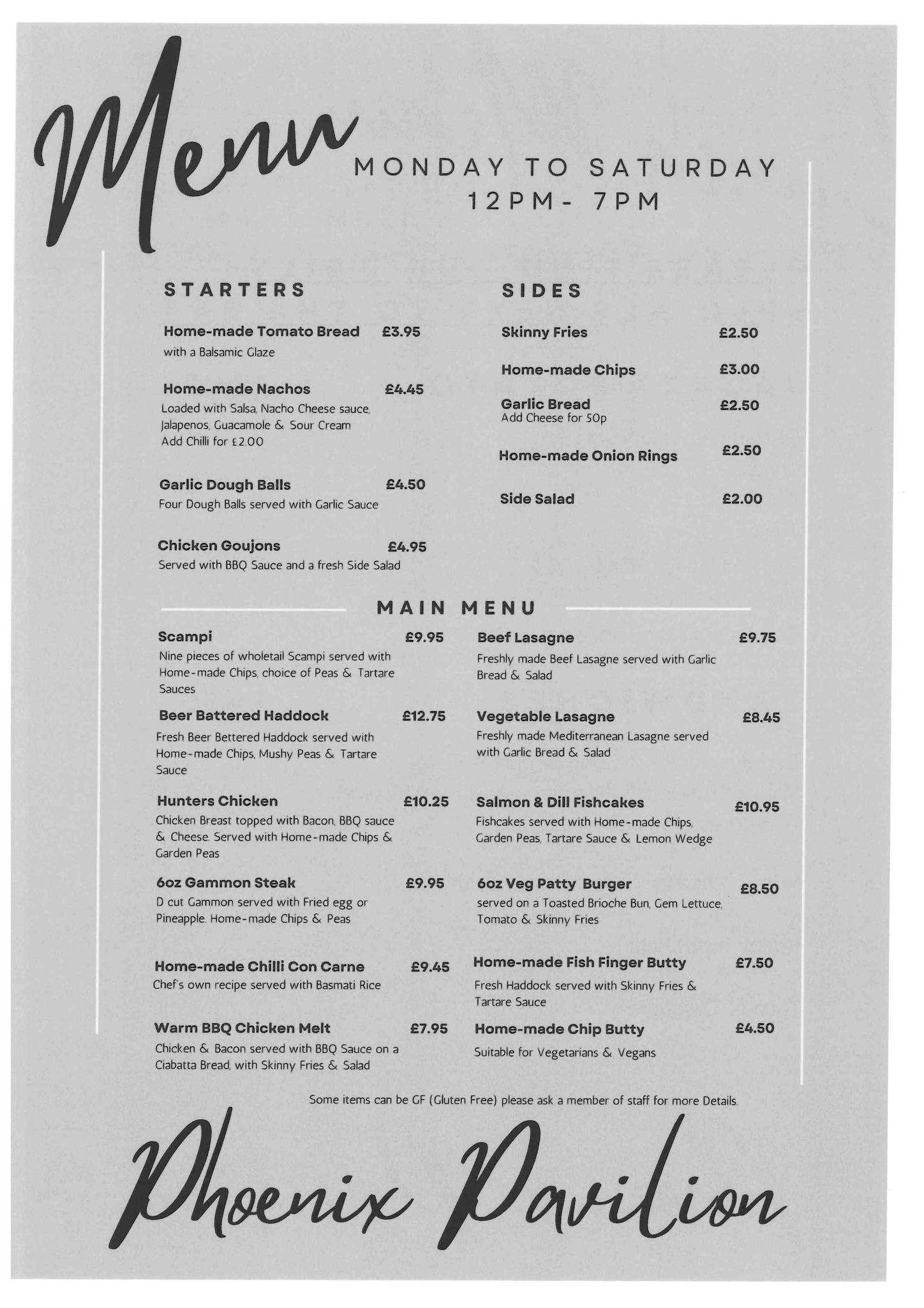 Menu at Phoenix Pavilion pub & bar, Rotherham