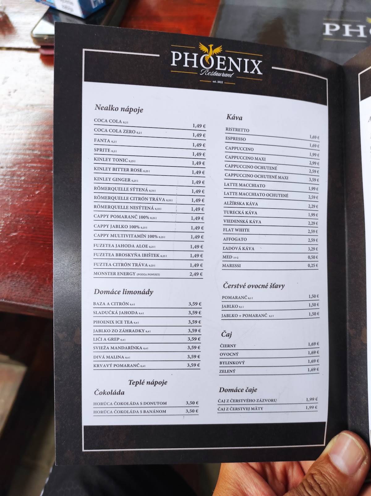 Carta de Phoenix Restaurant, Rožňava
