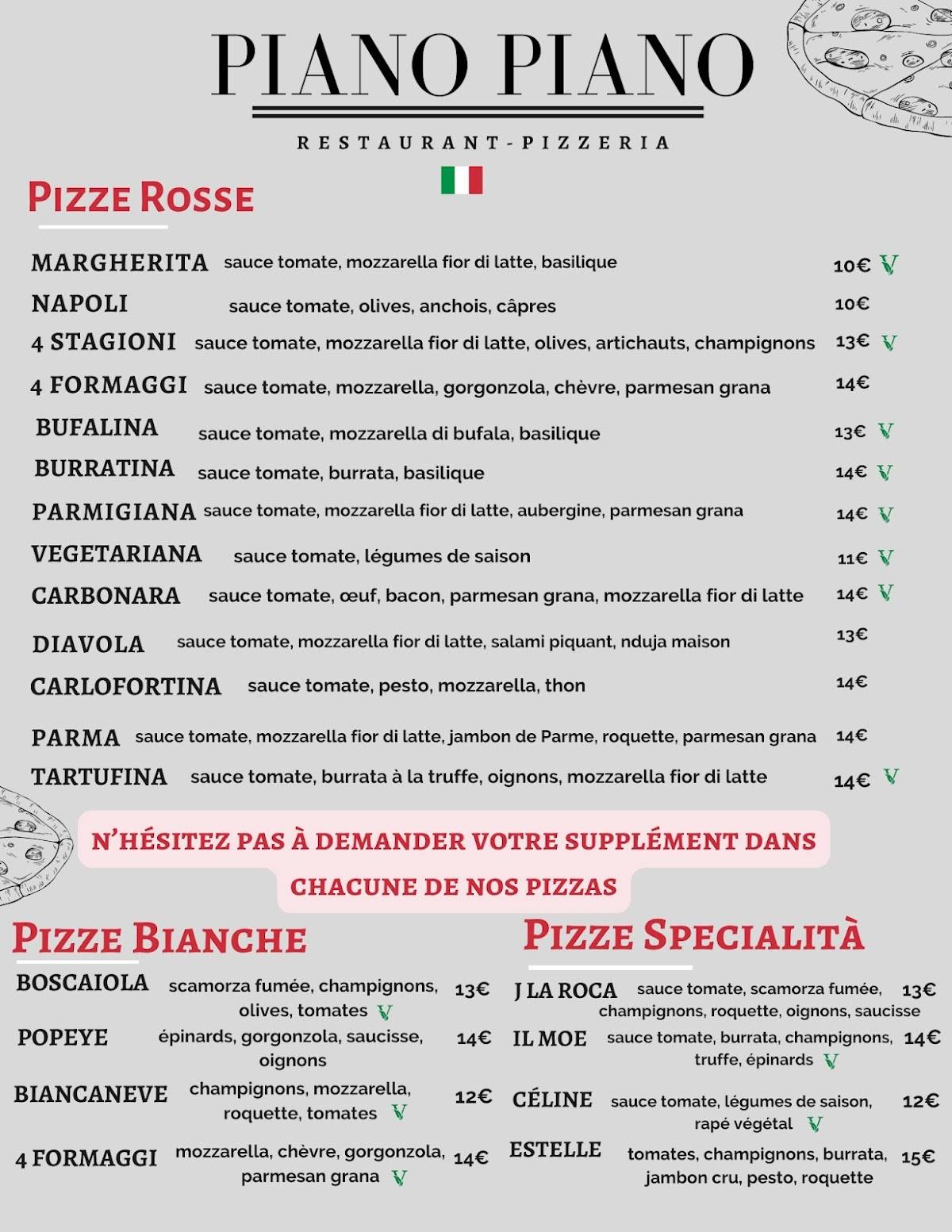 Menu at Piano Piano Pizza restaurant, Cuers