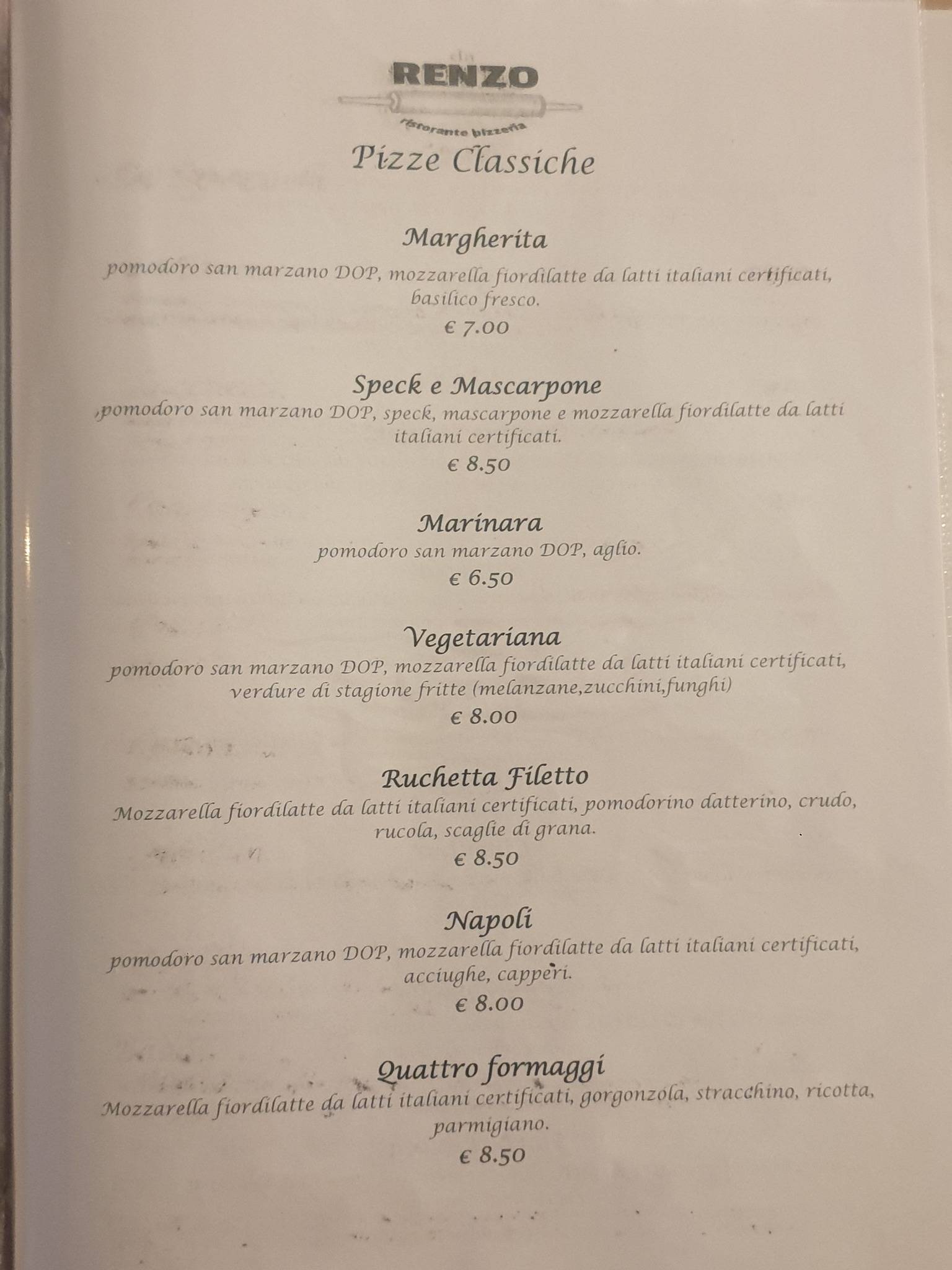Menu da Bar Da Renzo, Piano di Mommio