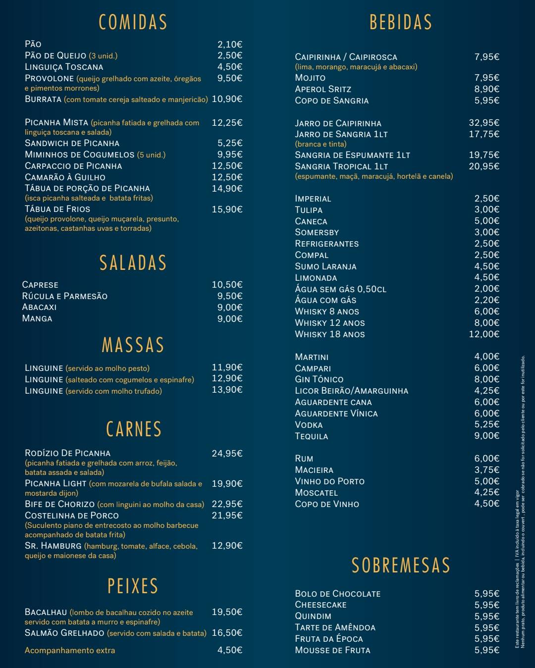 Menu at Picanha BBQ, Lisbon, R. das Janelas Verdes 96