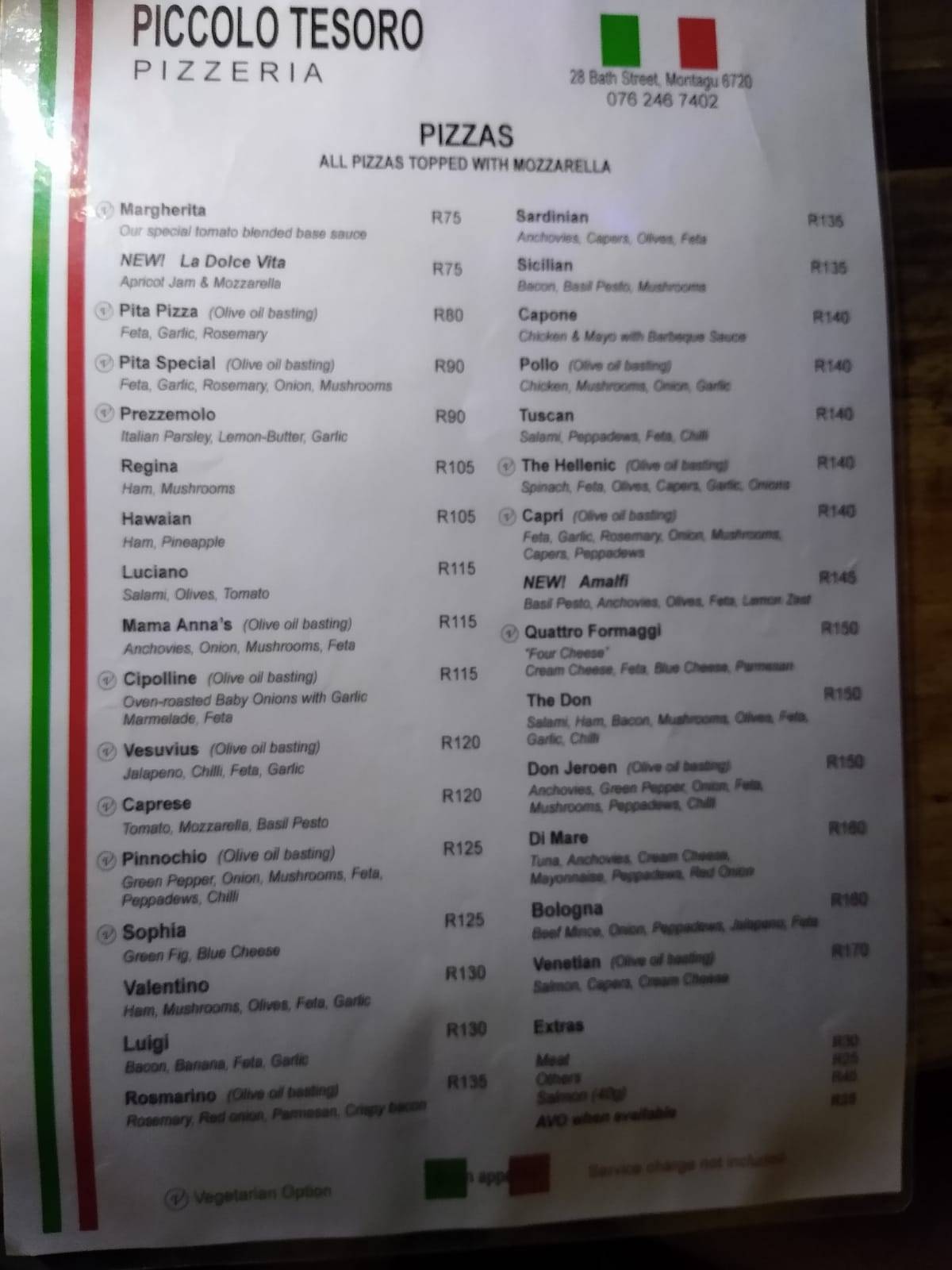 Menu at Piccolo Tesoro restaurant, Montagu
