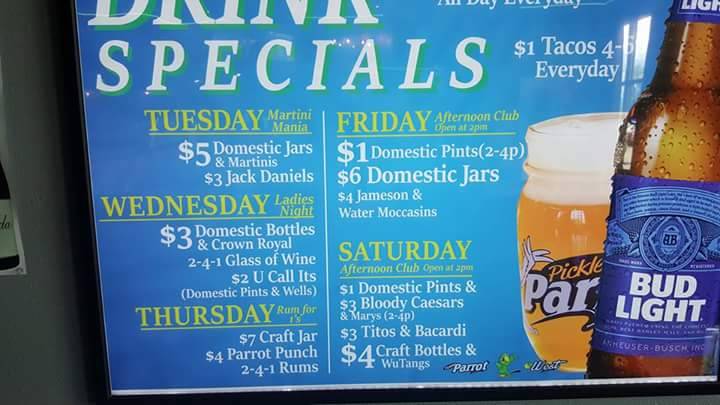 Menu at Pickled Parrot West pub & bar, West Fargo