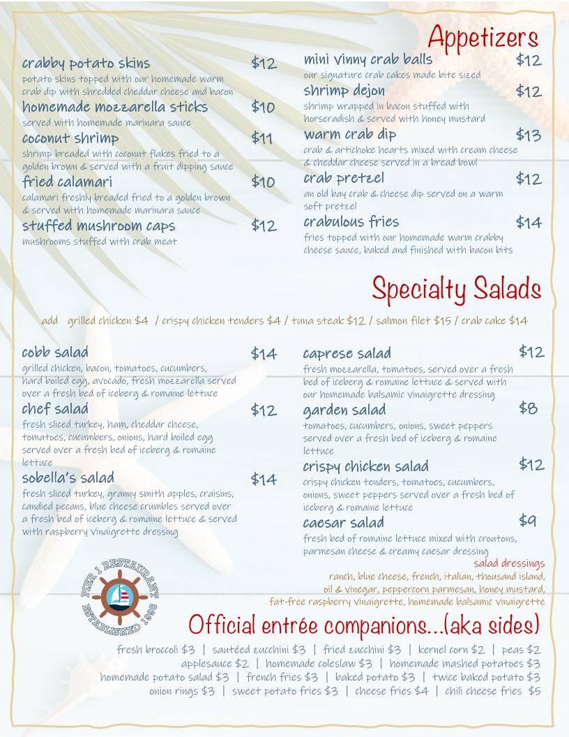 Menu at Pier 1 Restaurant, North East