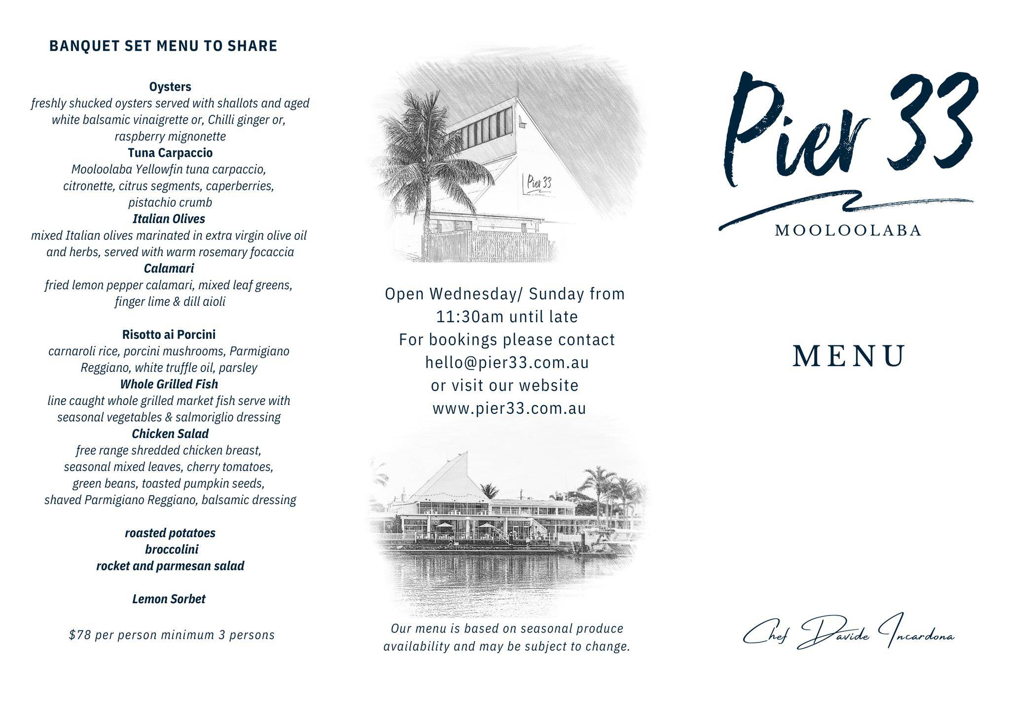 Menu at Pier 33 restaurant, Mooloolaba