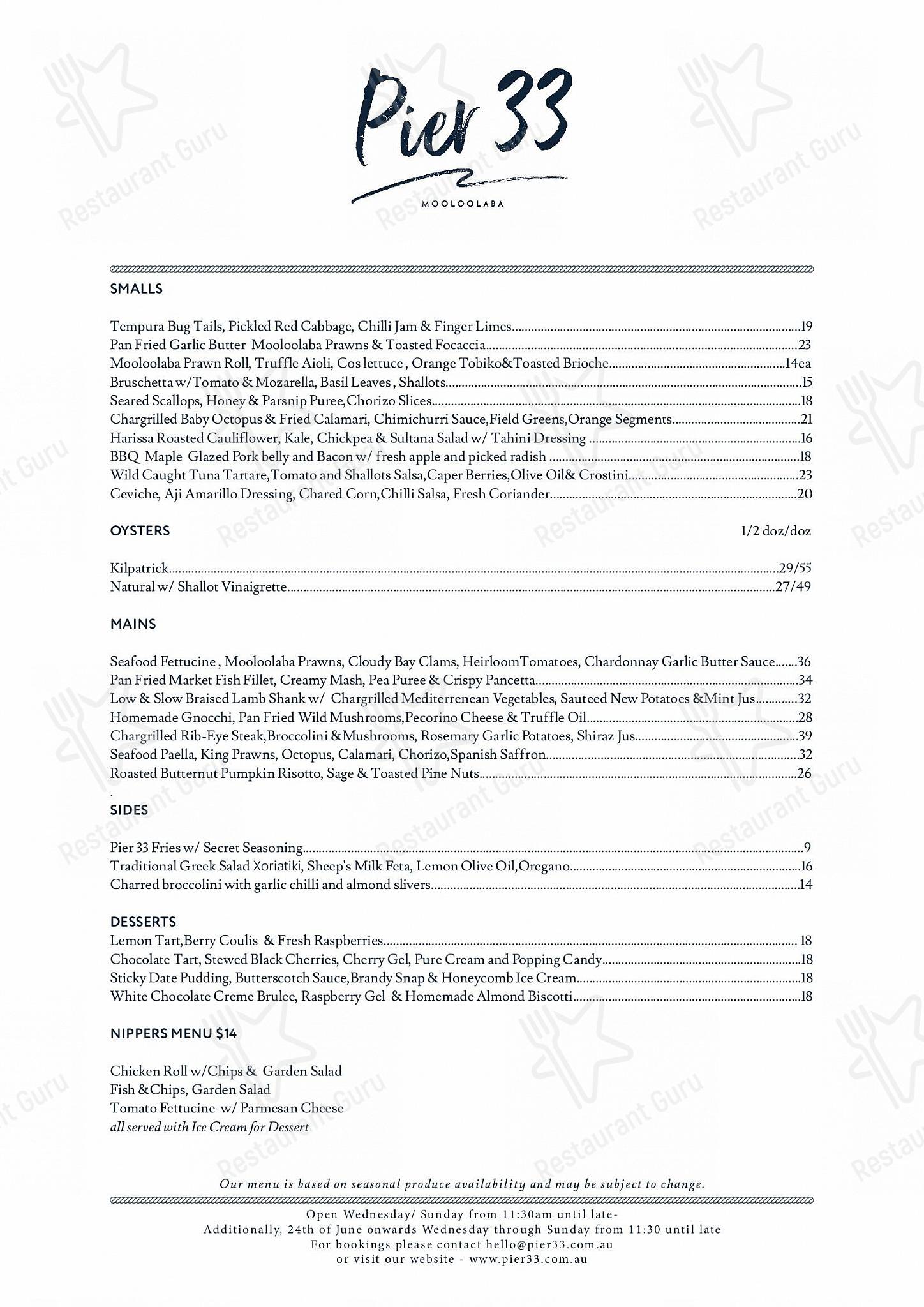 Menu at Pier 33 restaurant, Mooloolaba