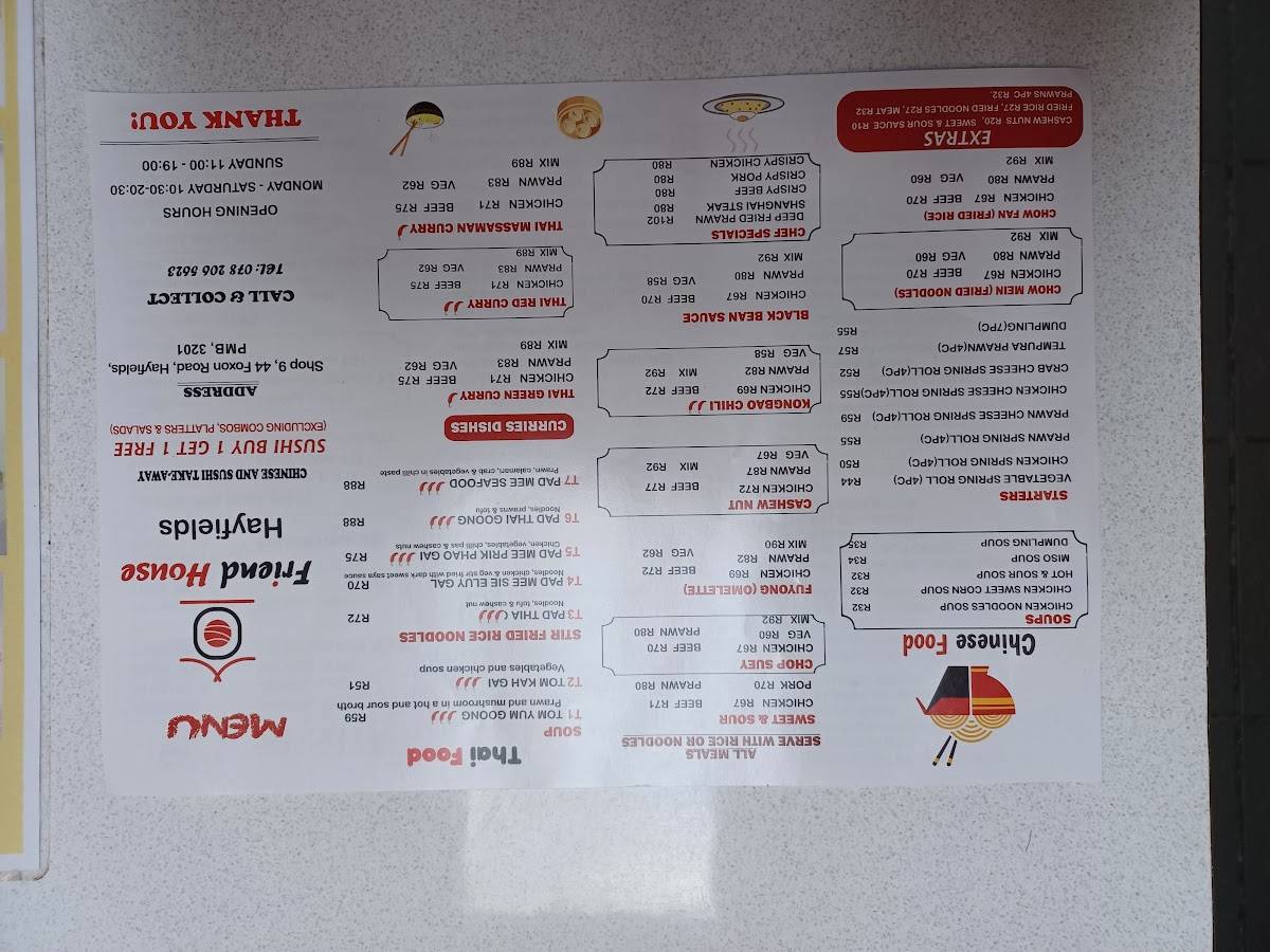 Menu at Friend House Hayfields restaurant, Pietermaritzburg